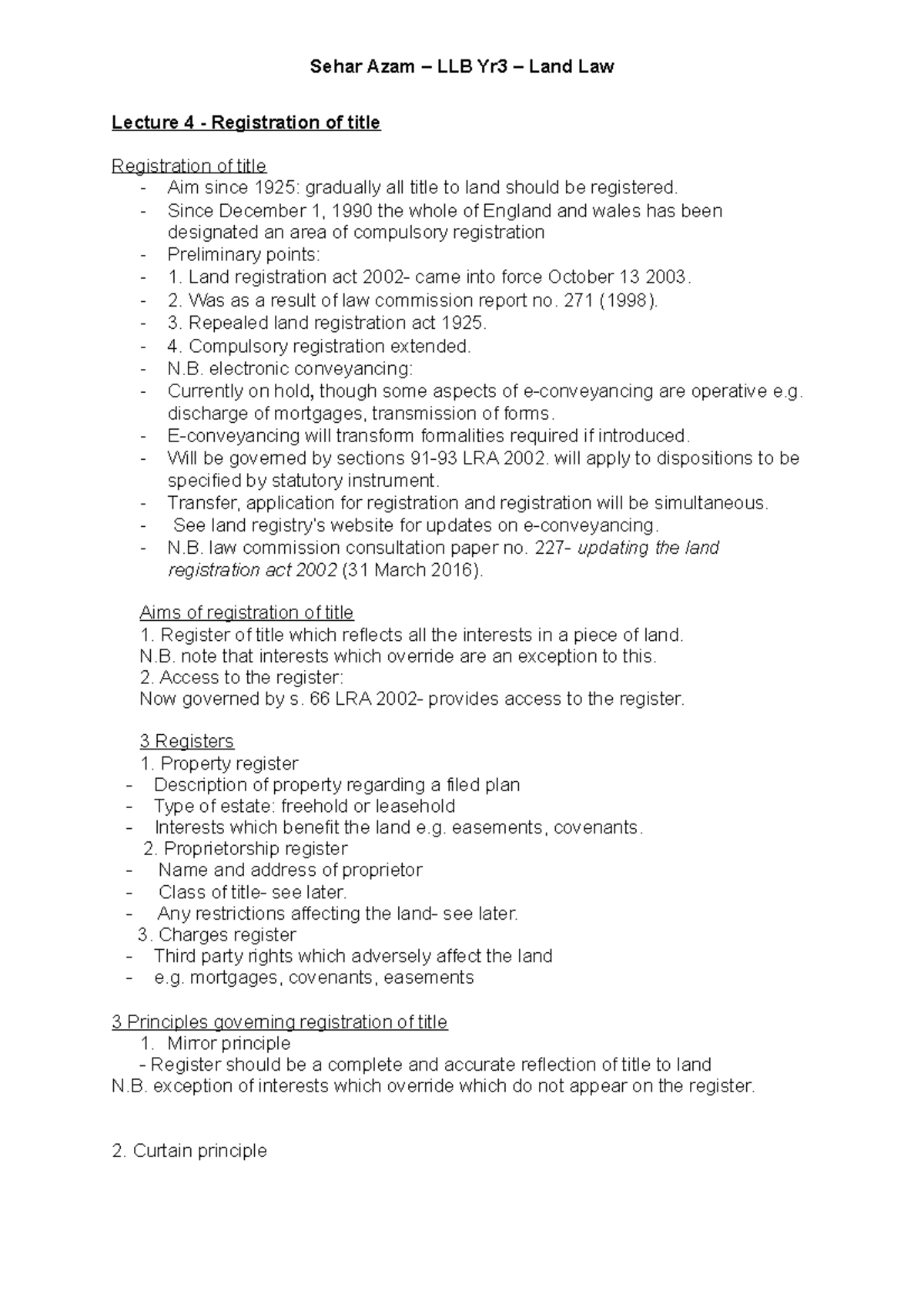Lecture 4 - Sehar Azam – LLB Yr3 – Land Law Lecture 4 - Registration of ...