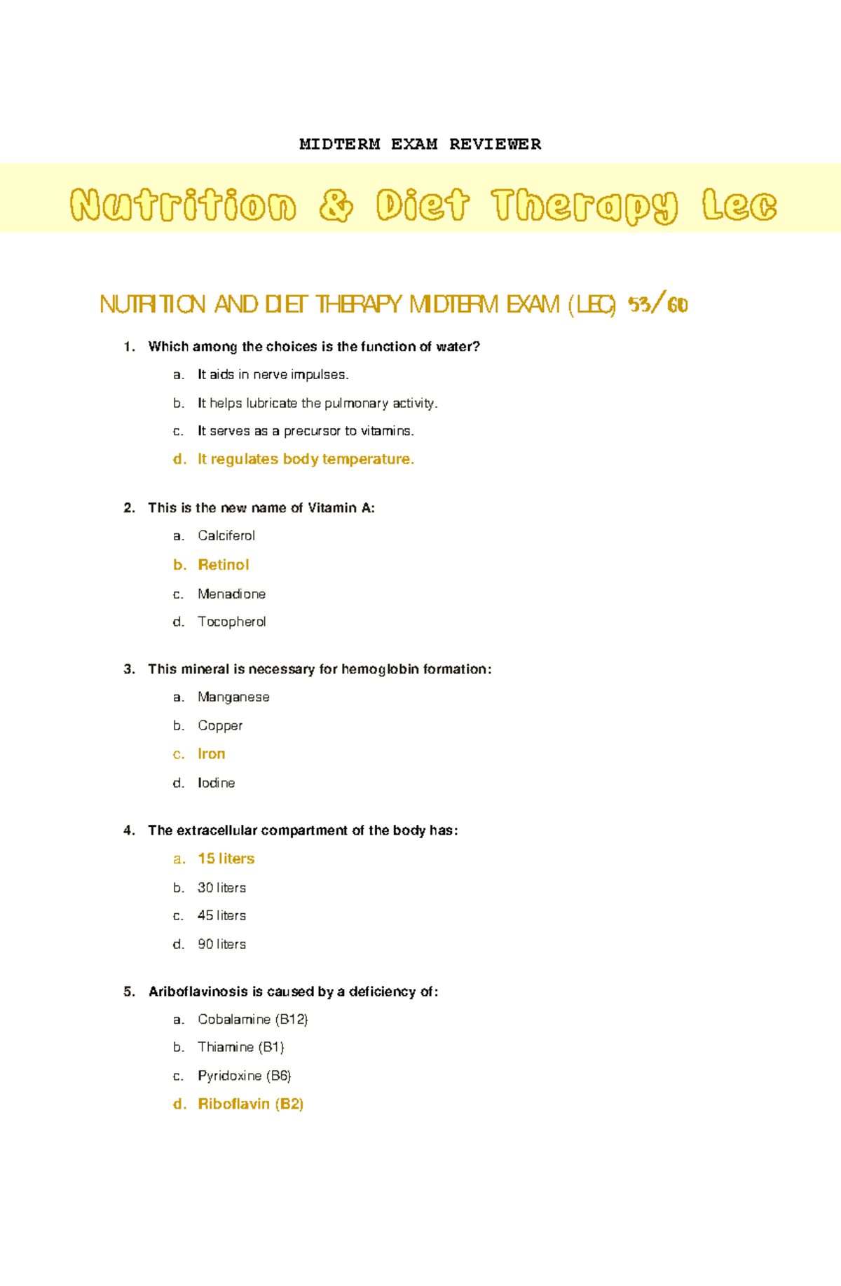 Midterm EXAM Reviewer Nutri LEC - MIDTERM EXAM REVIEWER NUTRI TI ON AND ...