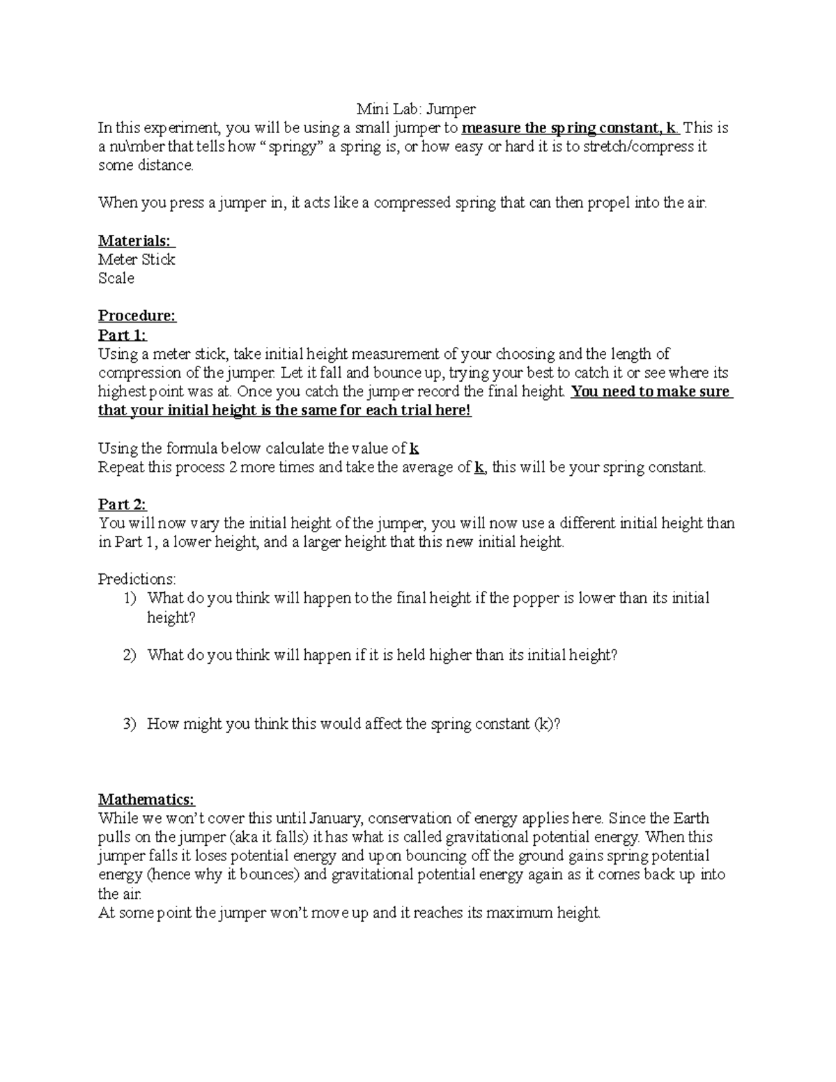 Popper lab - n/a - Mini Lab: Jumper In this experiment, you will be ...