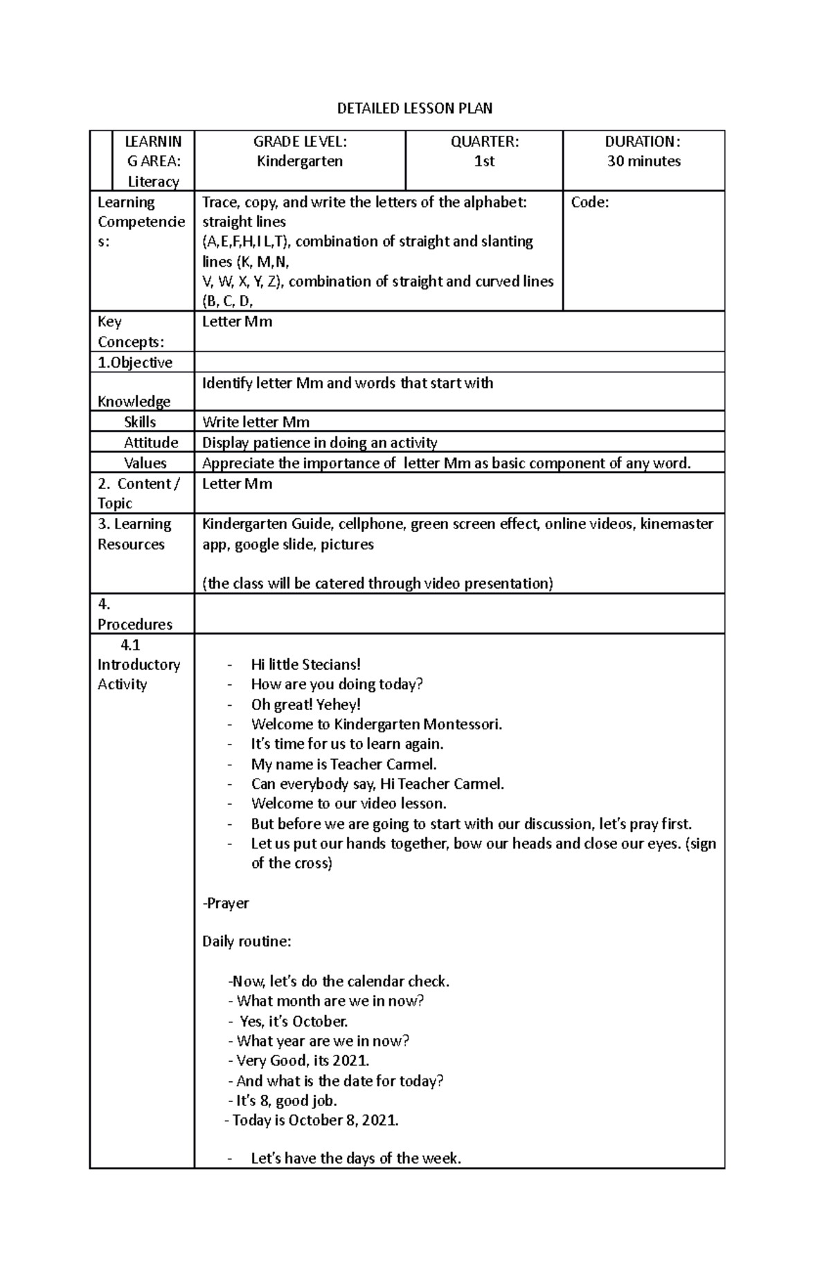 Kinder Literacy - DETAILED LESSON PLAN LEARNIN G AREA: Literacy GRADE ...
