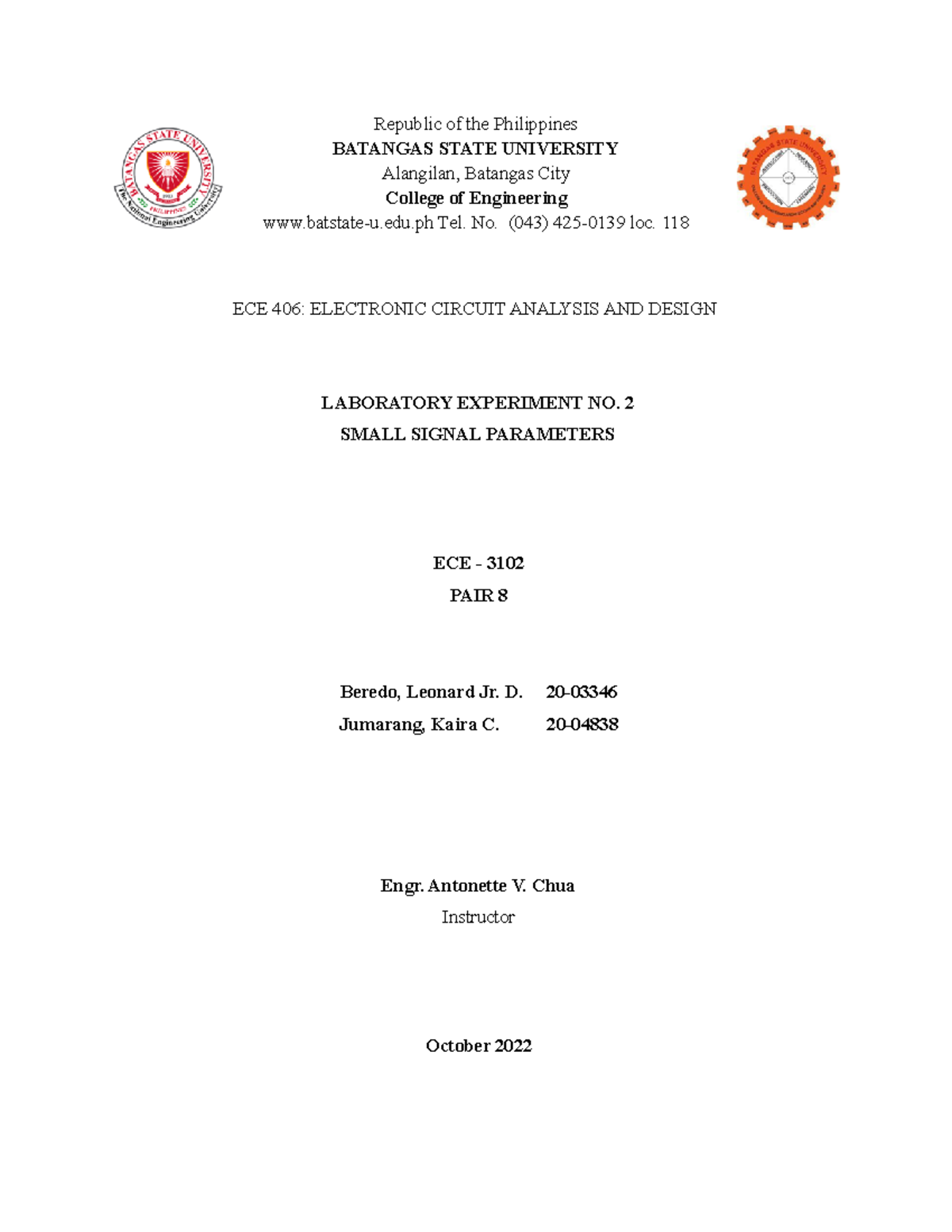 Laboratory Activity No - Republic of the Philippines BATANGAS STATE UNIVERSITY Alangilan ...