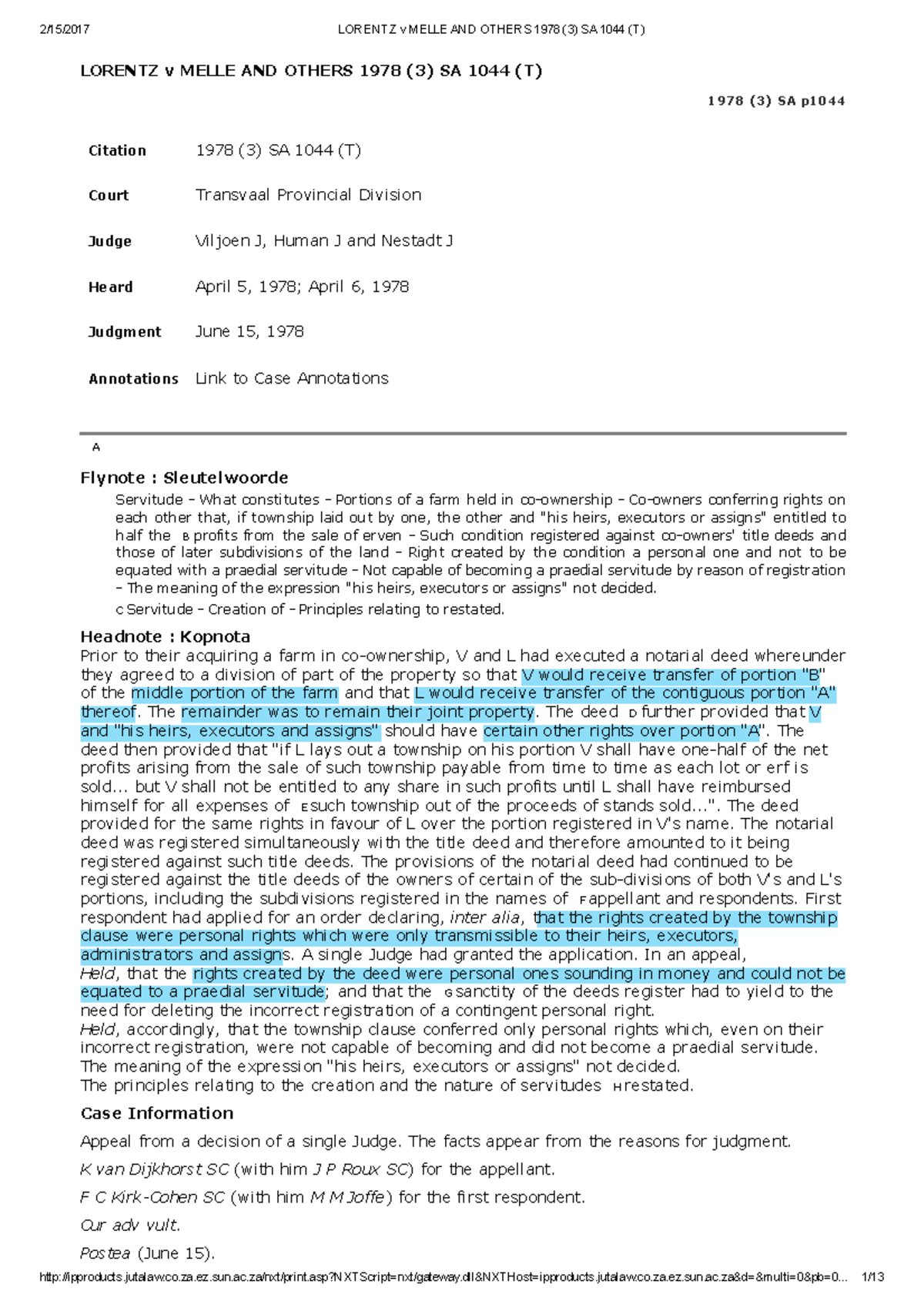 2. Lorentz v Melle AND Others 1978 (3) SA 1044 (T) - LORENTZ v MELLE AND OTHERS 1978 (3) SA 1044 ...