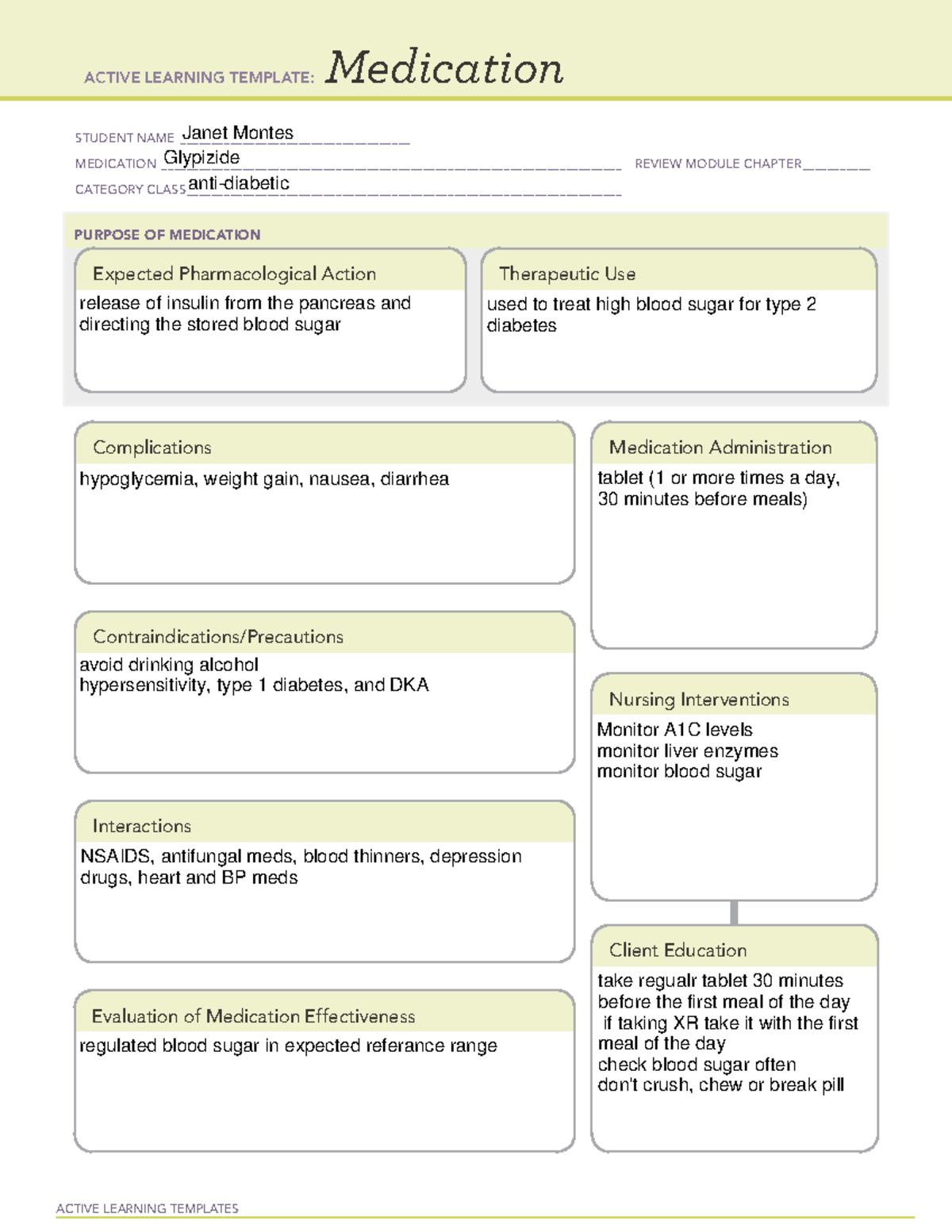 ATI glypizide - ACTIVE LEARNING TEMPLATES Medication STUDENT NAME - Studocu
