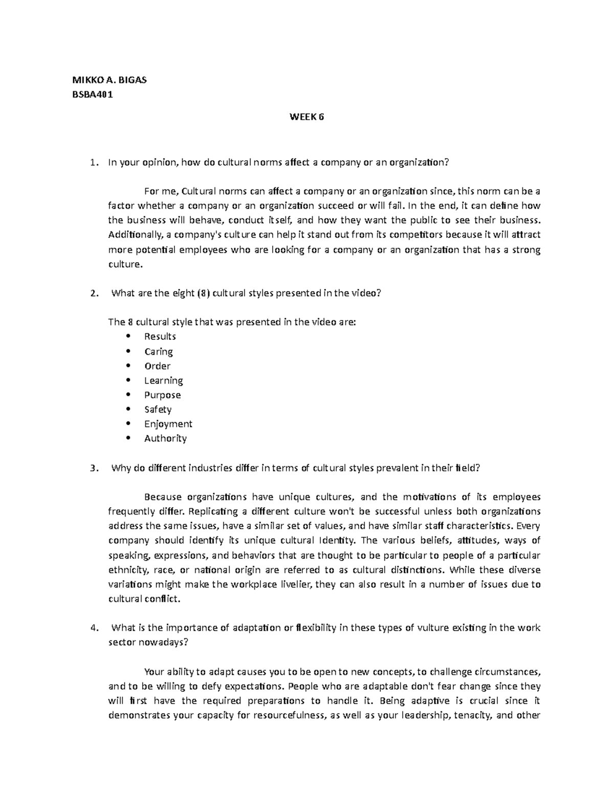 Euthenics week 6 - essay - MIKKO A. BIGAS BSBA WEEK 6 In your opinion ...