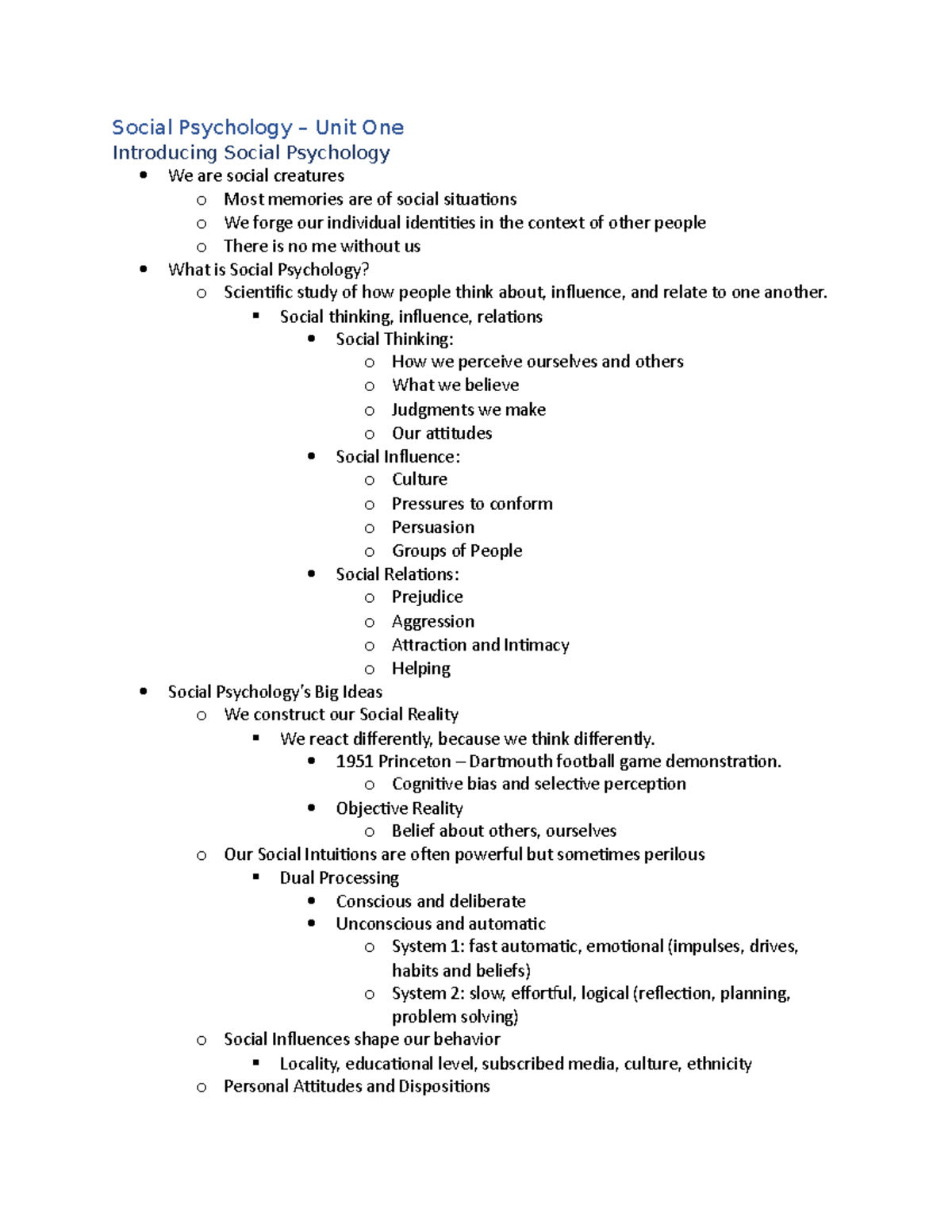 Social Psychology- Unit One - Social Psychology – Unit One Introducing ...