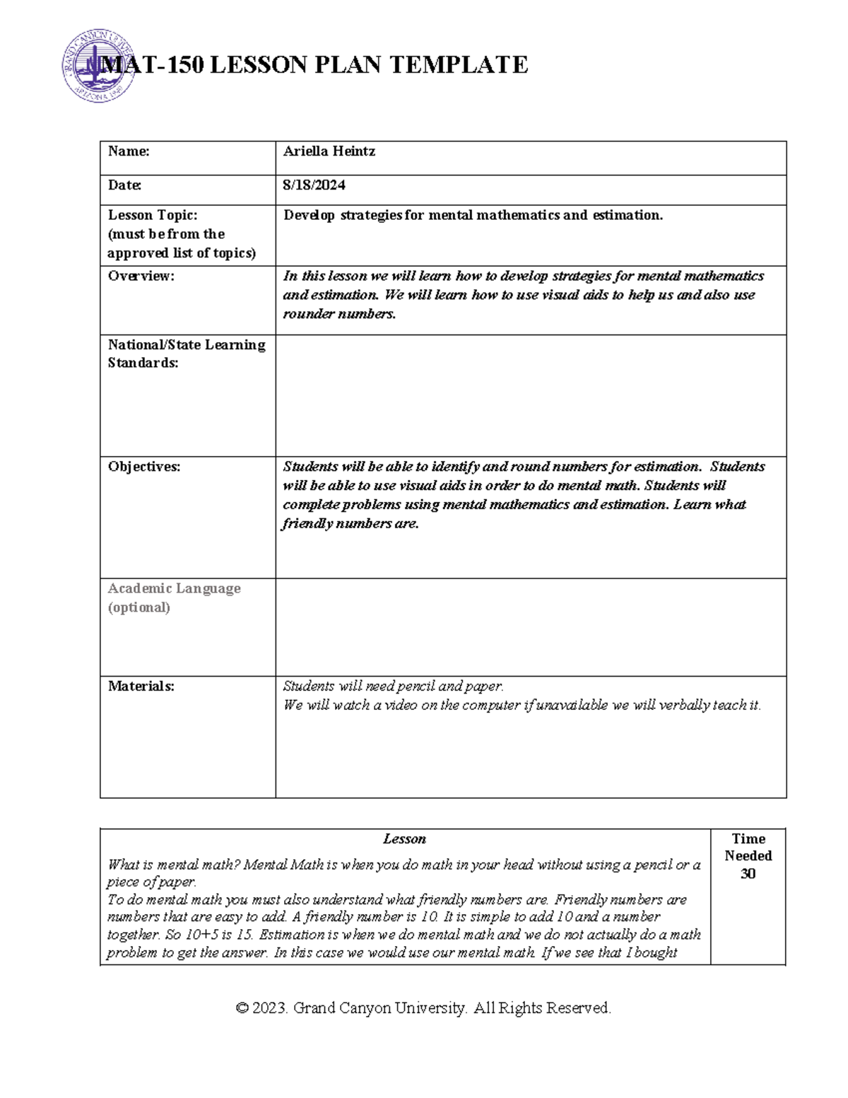 MAT-150 Lesson Plan - MAT-150 LESSON PLAN TEMPLATE Name: Ariella Heintz ...