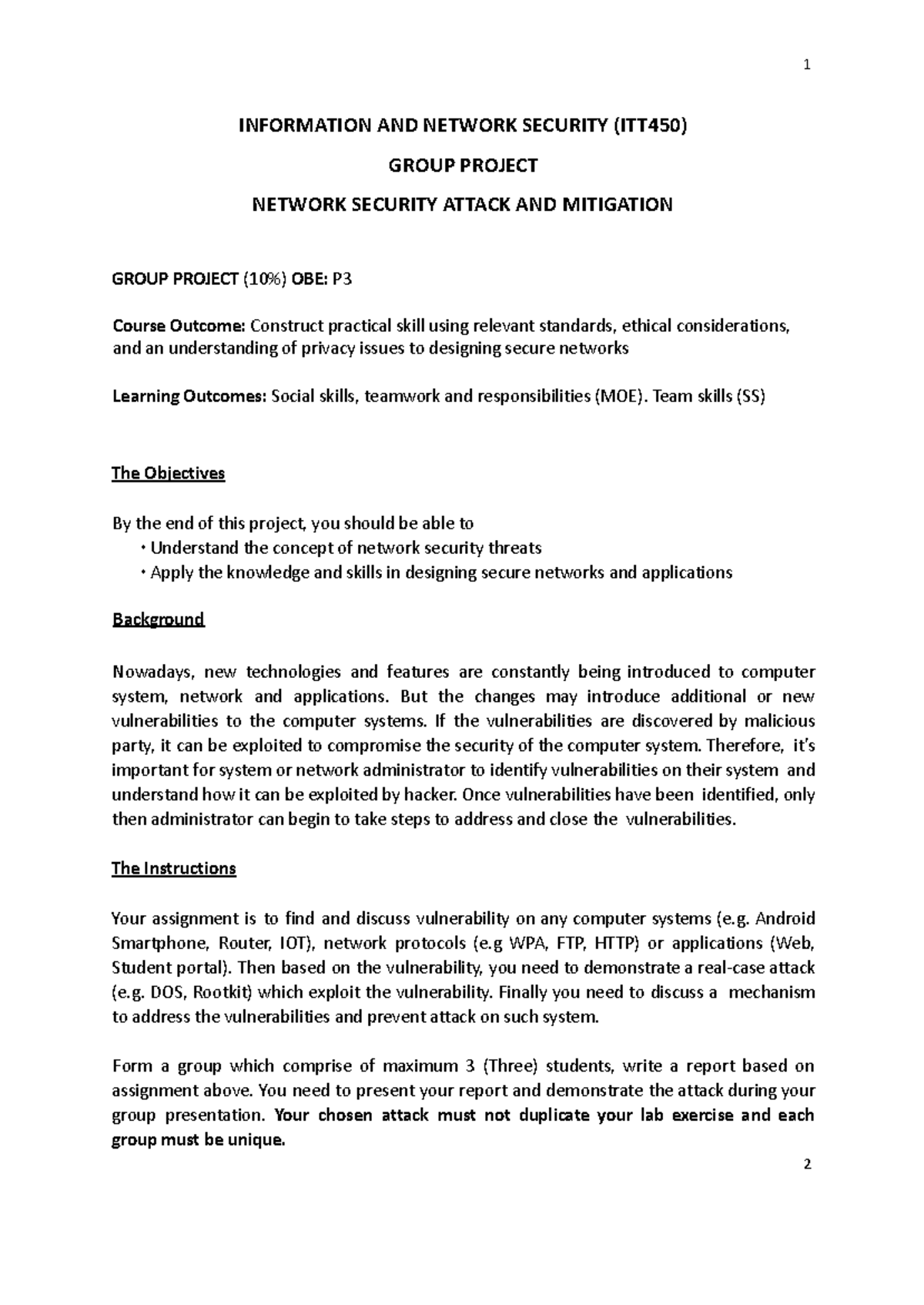 ITT450 Group Project - 1 INFORMATION AND NETWORK SECURITY (ITT450) GROUP PROJECT NETWORK ...
