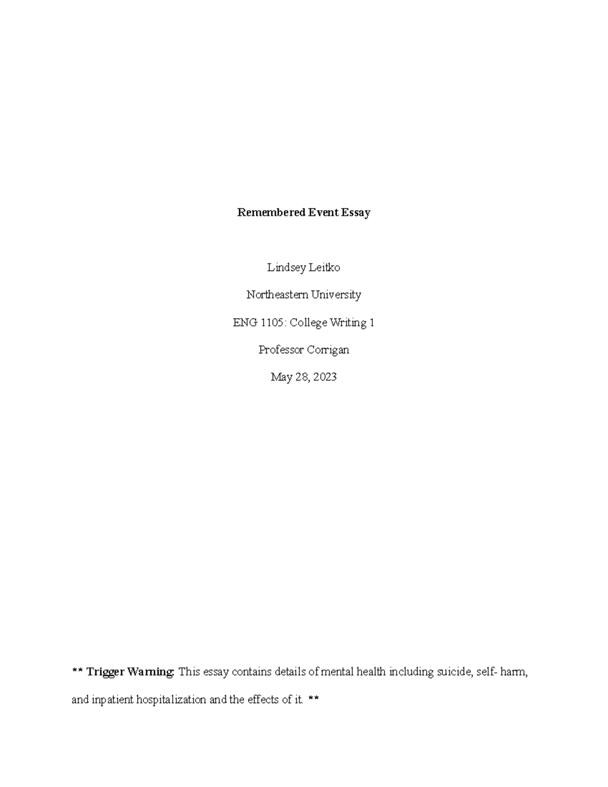 Remembered Event Essay copy - ENGL 1111 - NU - Studocu