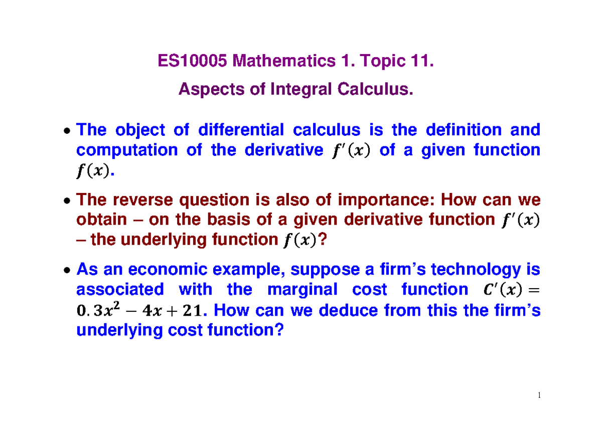 Topic 11 - Lecture notes 11 - ES10005 Mathematics 1. Topic 11. Aspects ...