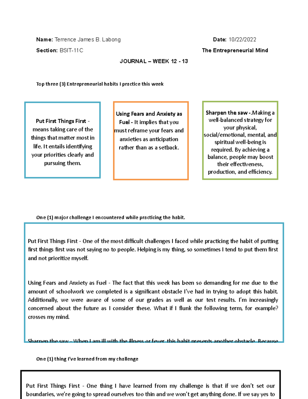 10 Journal 1(The Entrepreneurial Mind) - Name: Terrence James B. Labong ...