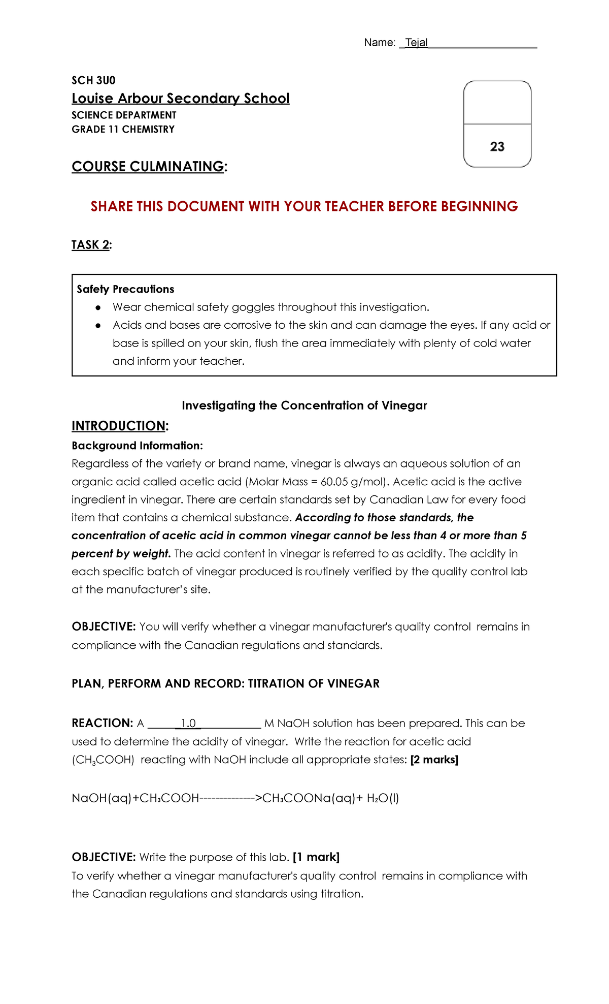 Copy of SCH 3U - Culminating 2 (Virtual) - Version A - SCH 3U Louise ...