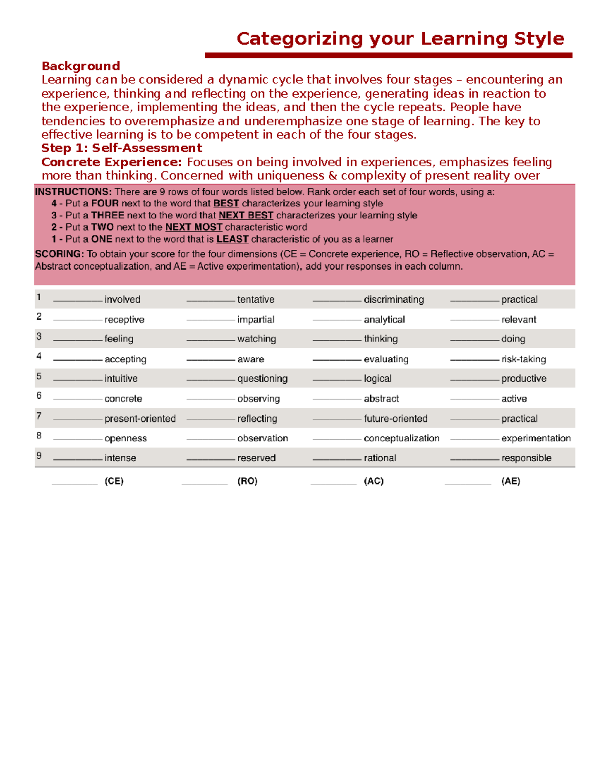 Learning Style Handout - Background Learning can be considered a dynamic cycle that involves ...