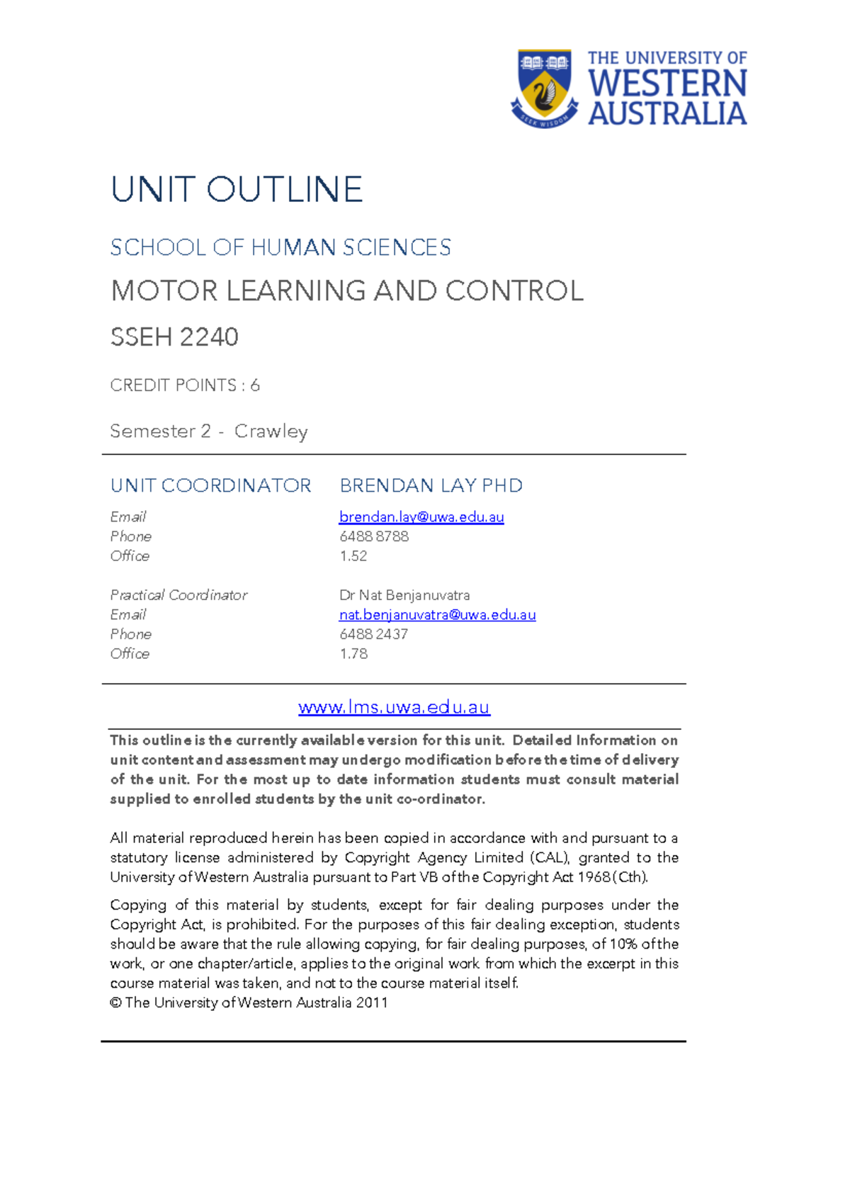 2240 Unit Outline 2018 - UNIT OUTLINE SCHOOL OF HUMAN SCIENCES MOTOR ...