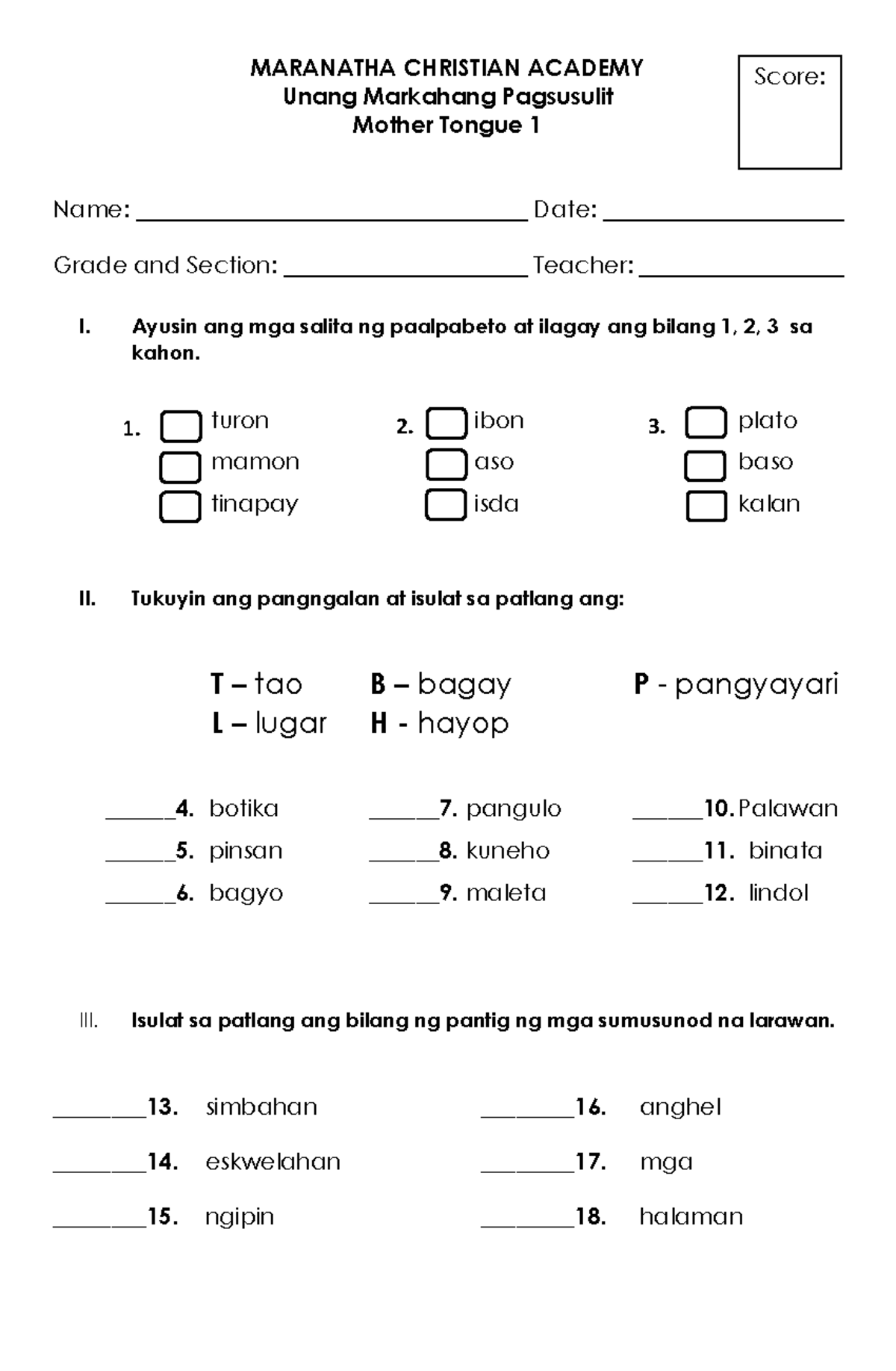Q1 MTB 1- Quarterly Exam - MARANATHA CHRISTIAN ACADEMY Unang Markahang ...