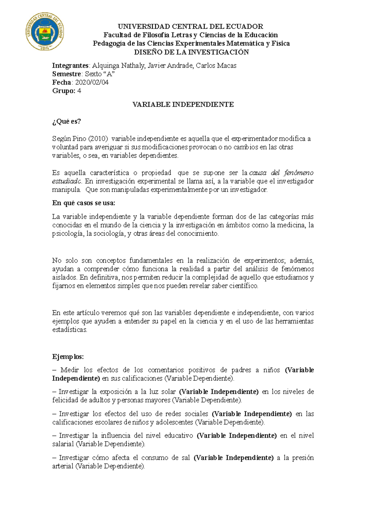 Variable Independiente Diseño de la Investigación - UNIVERSIDAD CENTRAL ...