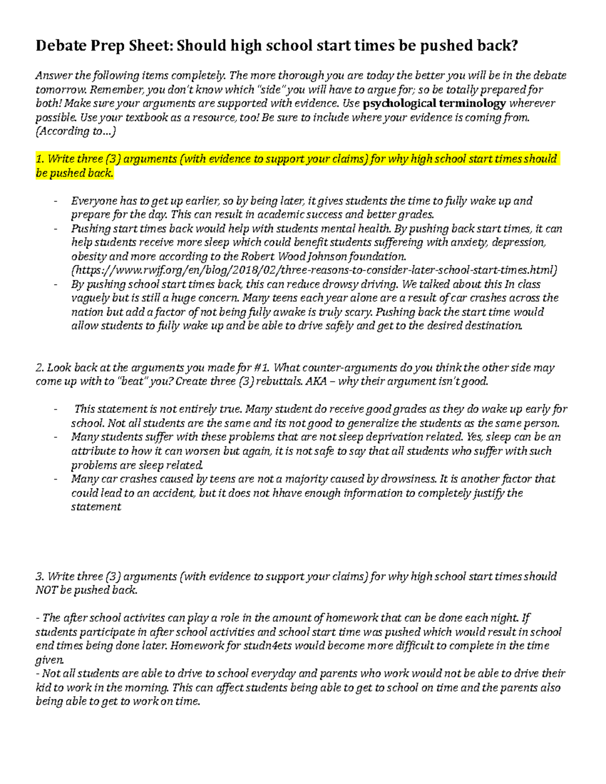 Debate Prep Sheet High School start times - Debate Prep Sheet: Should ...