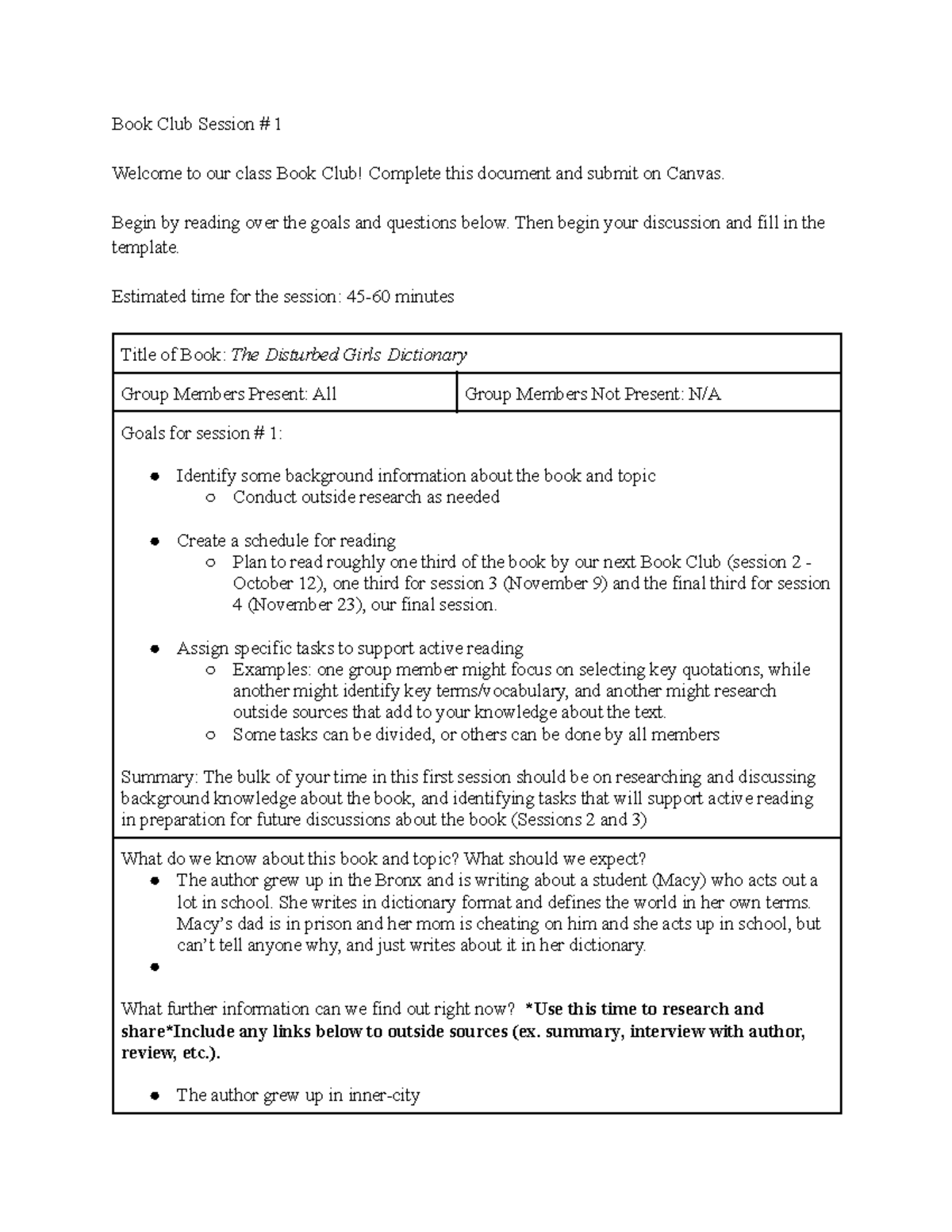Book Club Session # 1 - We read the book: The Disturbed girl's ...