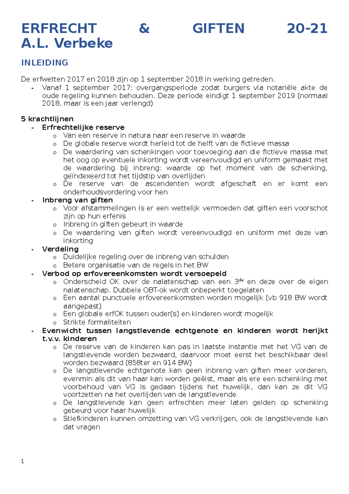 Samenvatting FVR deel erfrecht en giften (aangepast jaar 2019-2020 ...