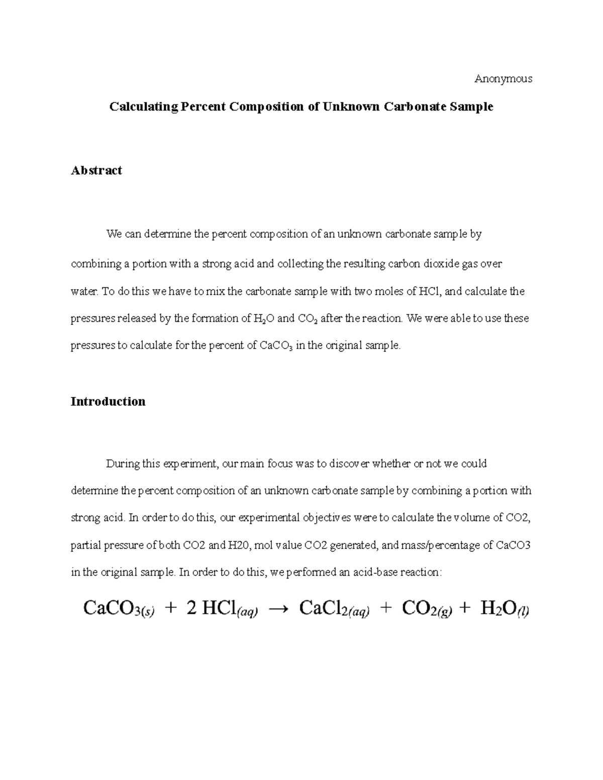 Chem 125 Post-Lab 3 manuscript - Anonymous Calculating Percent ...