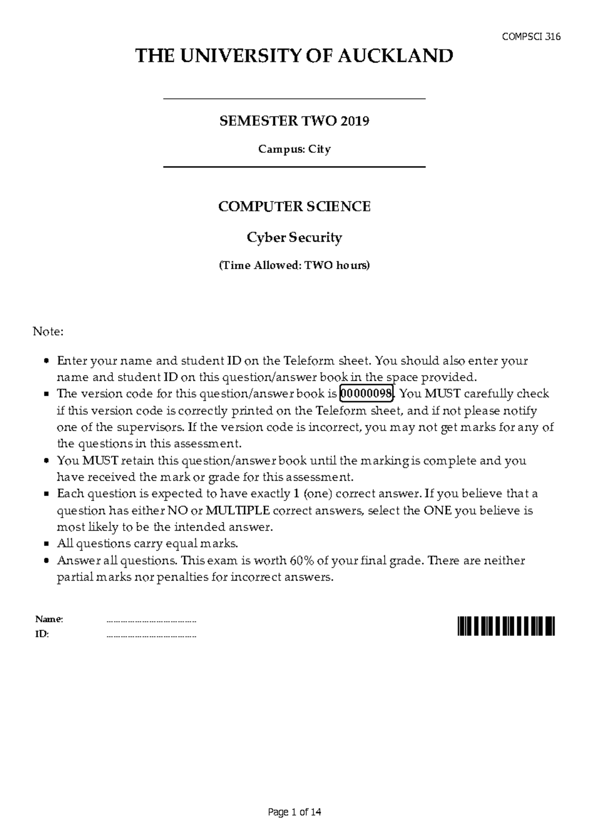 Compsci 316 Semester 2 2019 - THE UNIVERSITY OF AUCKLAND SEMESTER TWO 2019 Campus: City COMPUTER ...