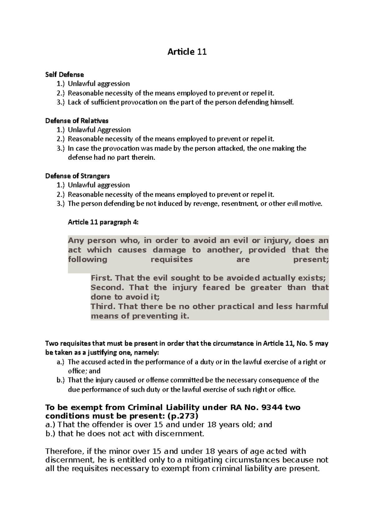 Requisites (FOR Article 13) - Article 11 Self Defense 1.) Unlawful ...