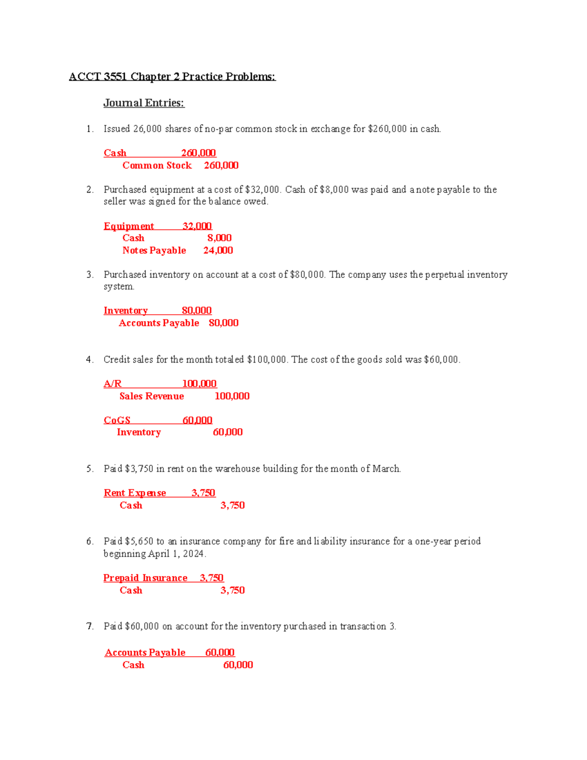 ACCT 3551 Chapter 2 Practice Problems - ACCT 3551 Chapter 2 Practice Problems: Journal Entries ...