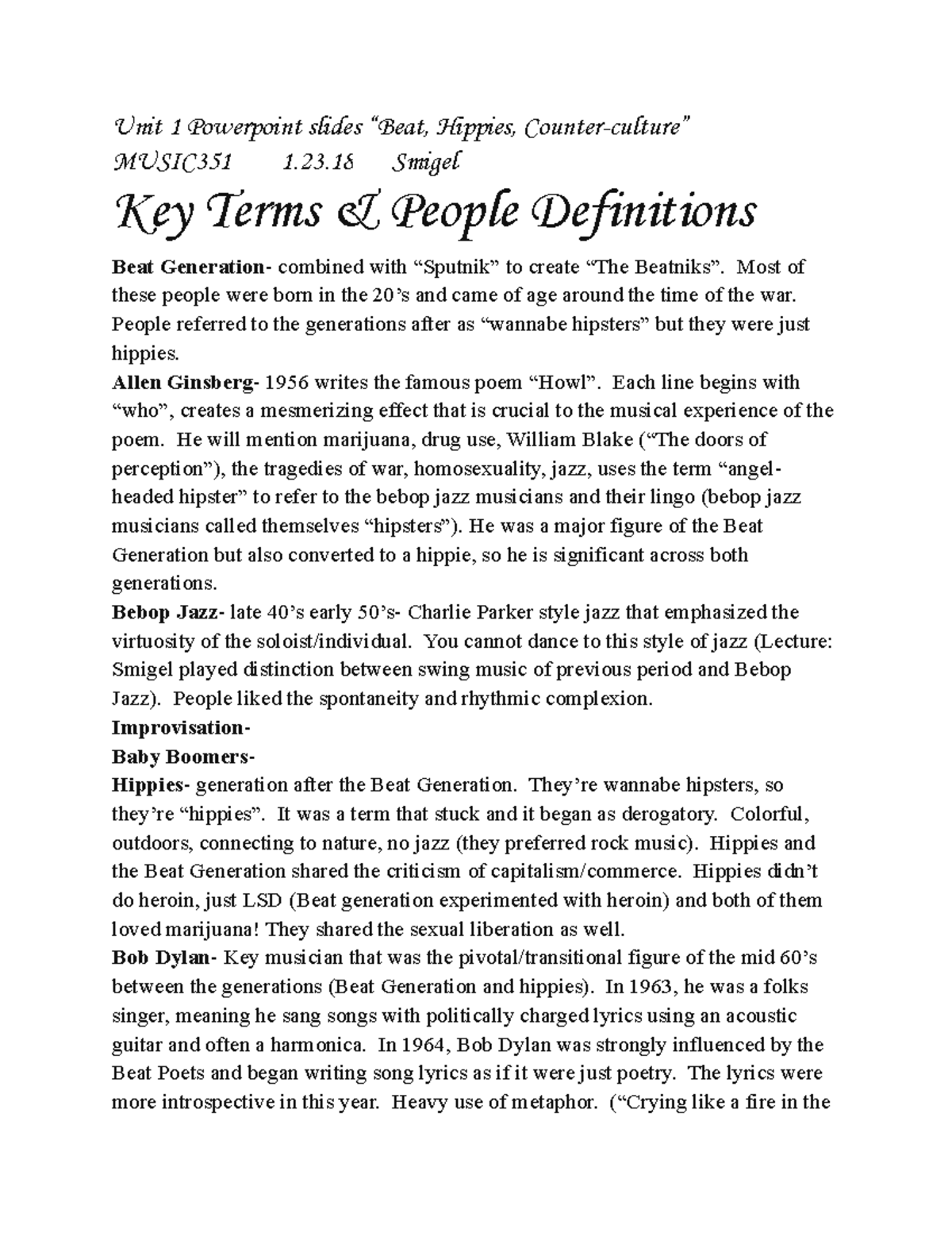Music 351 Notes Beat, Hippies, Counterculture in the 1960's 1 - Unit 1 ...