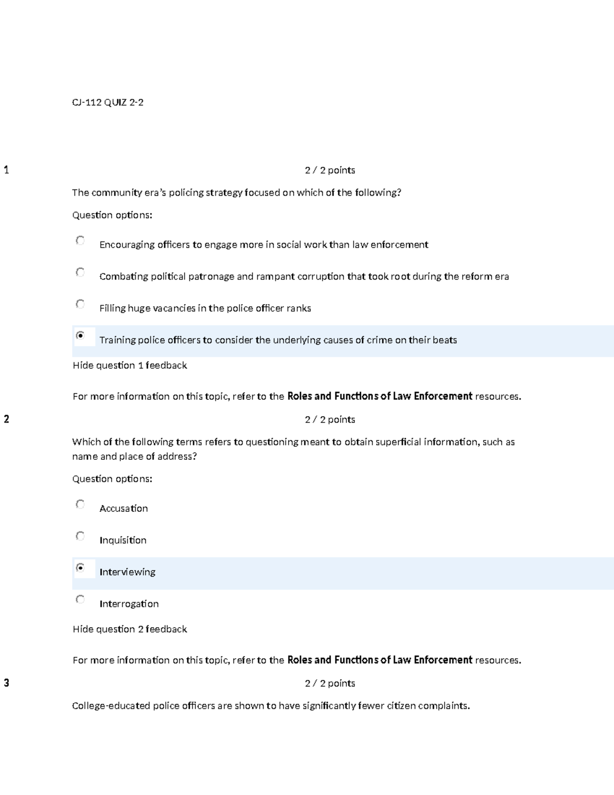 CJ-112 QUIZ 2-2 - received an perfect score - CJ-112 QUIZ 2- 2 / 2 ...