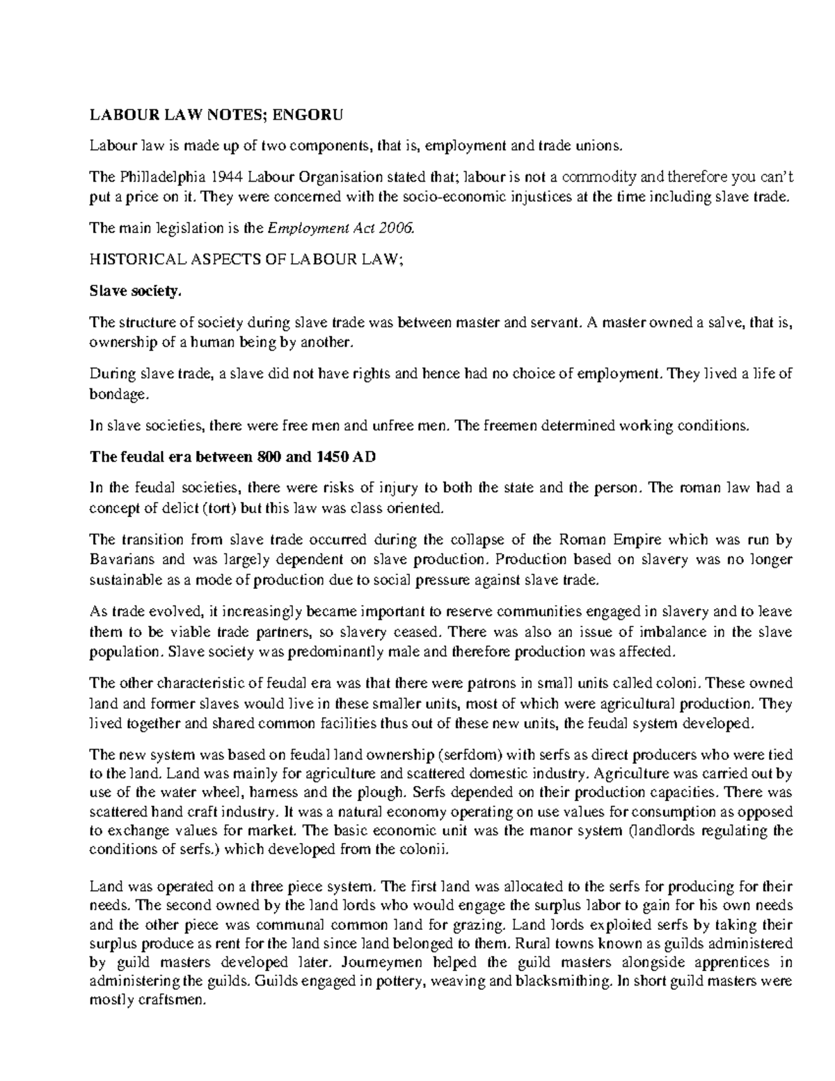 Labour Law notes on contract of employment - LABOUR LAW NOTES; ENGORU ...