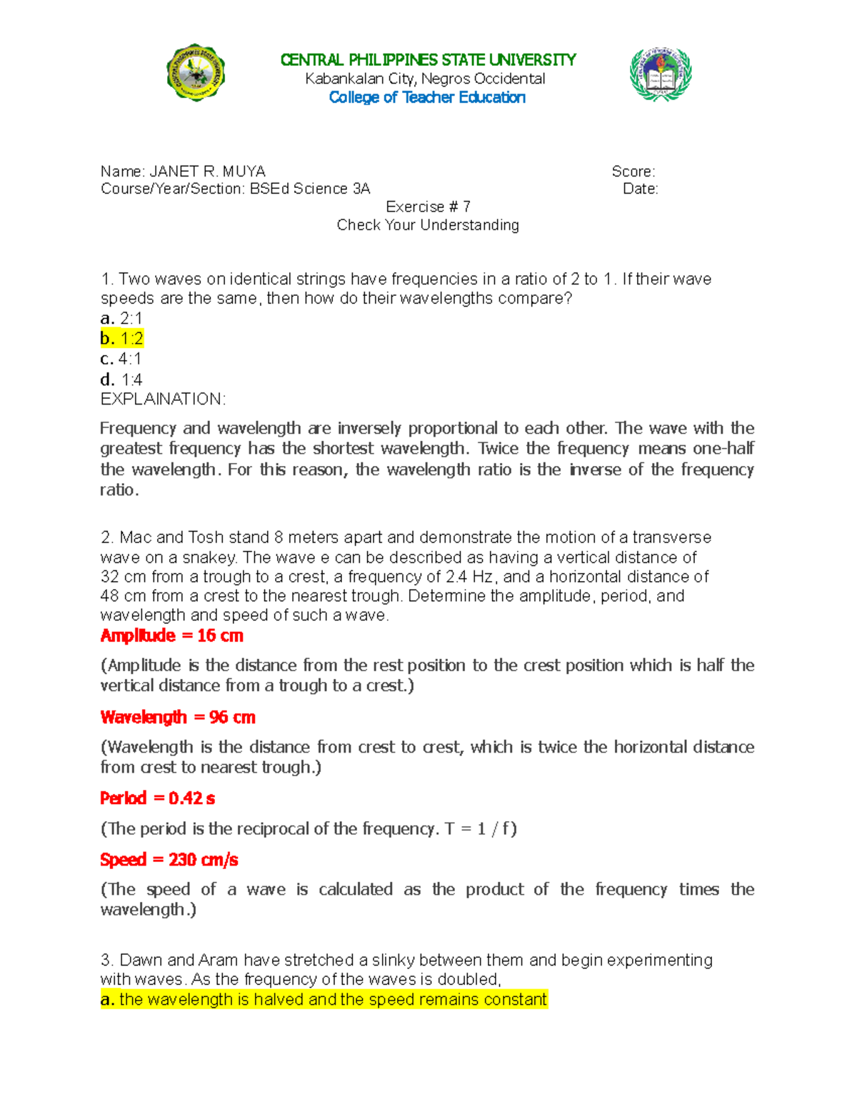 Waves AND Optics Exercise #7 - CENTRAL PHILIPPINES STATE UNIVERSITY ...