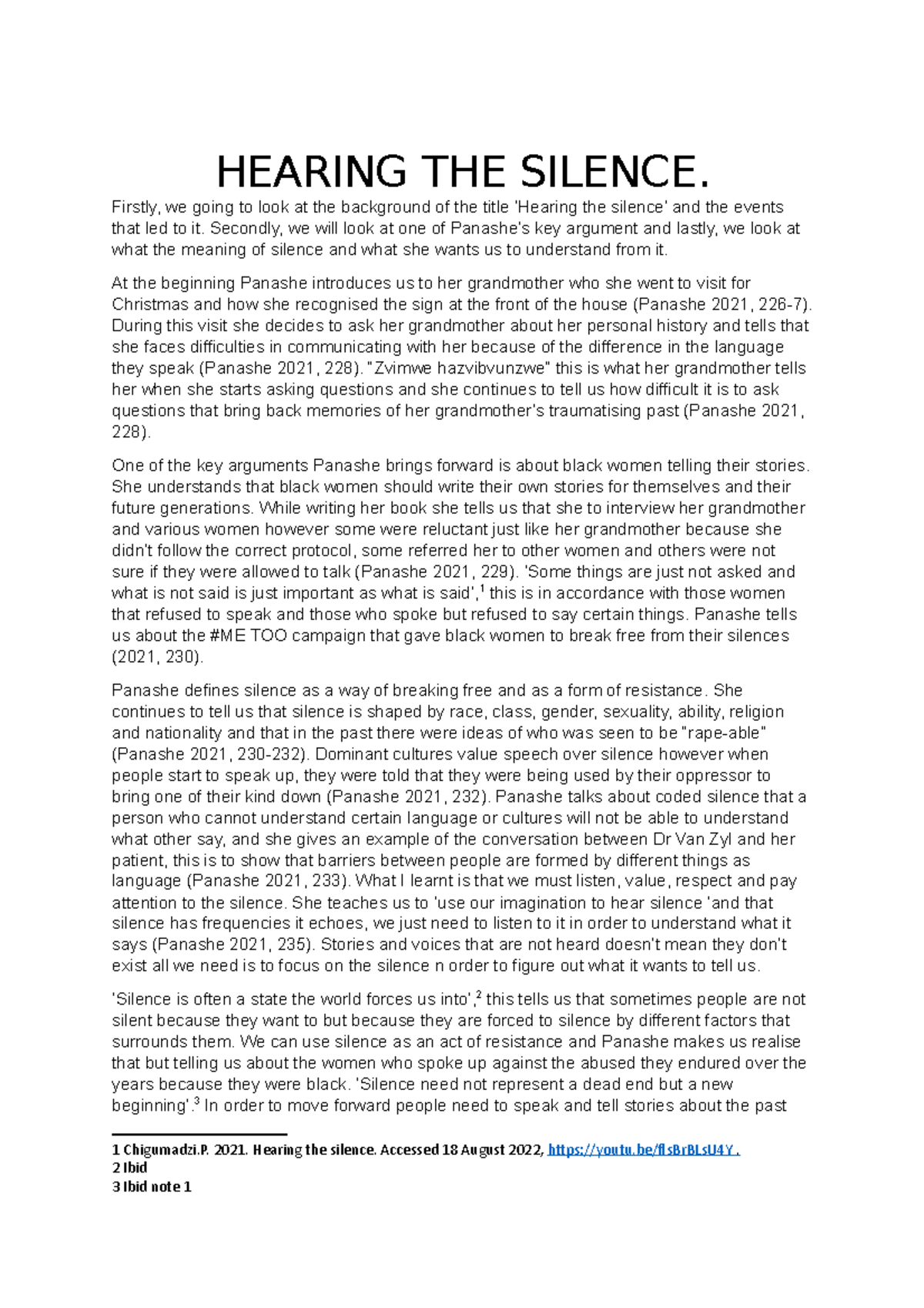 Hearing the silence - essay summary - HEARING THE SILENCE. Firstly, we ...