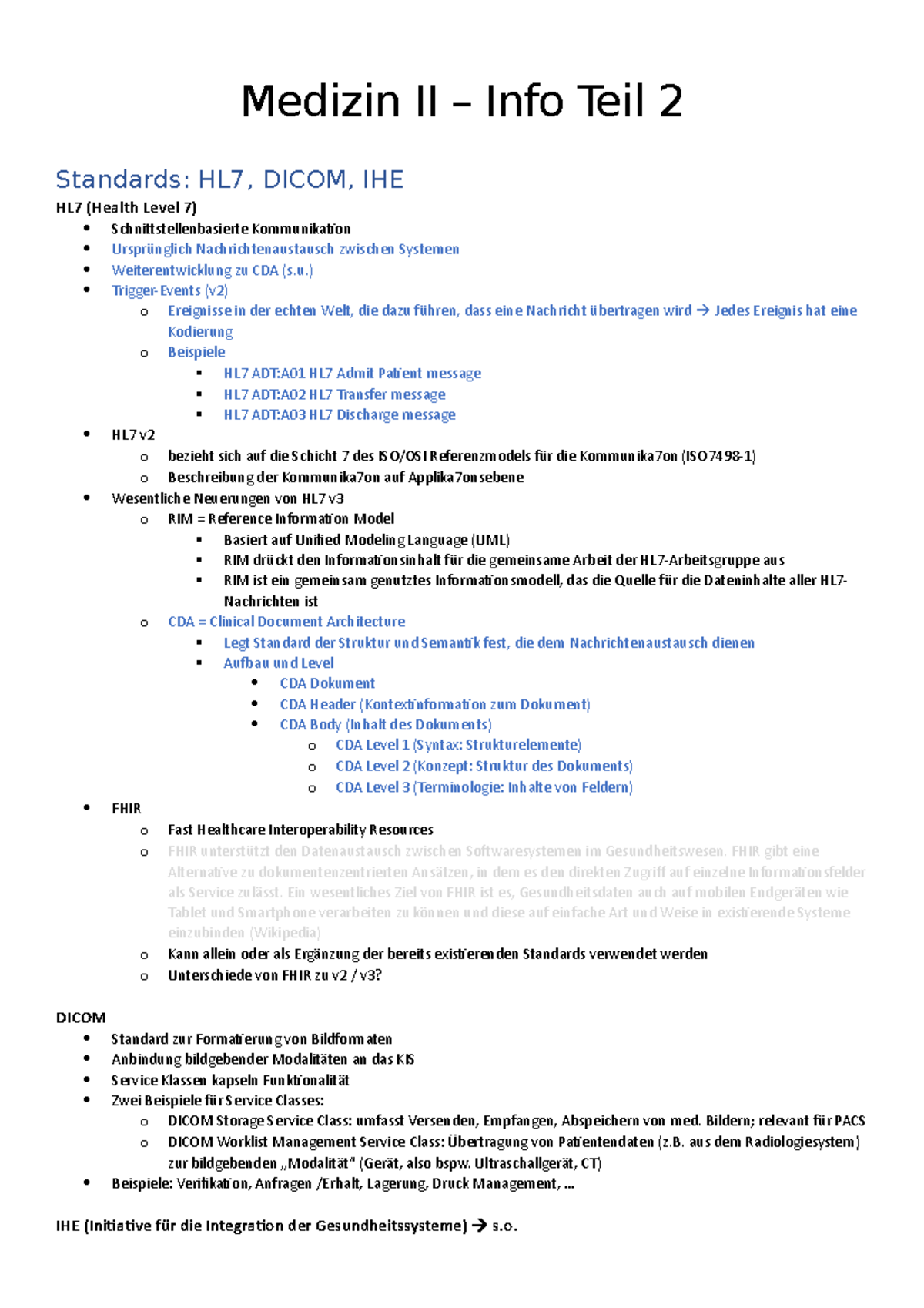 Zusammenfassung M2-Info2 - Medizin II – Info Teil 2 Standards: HL7 ...