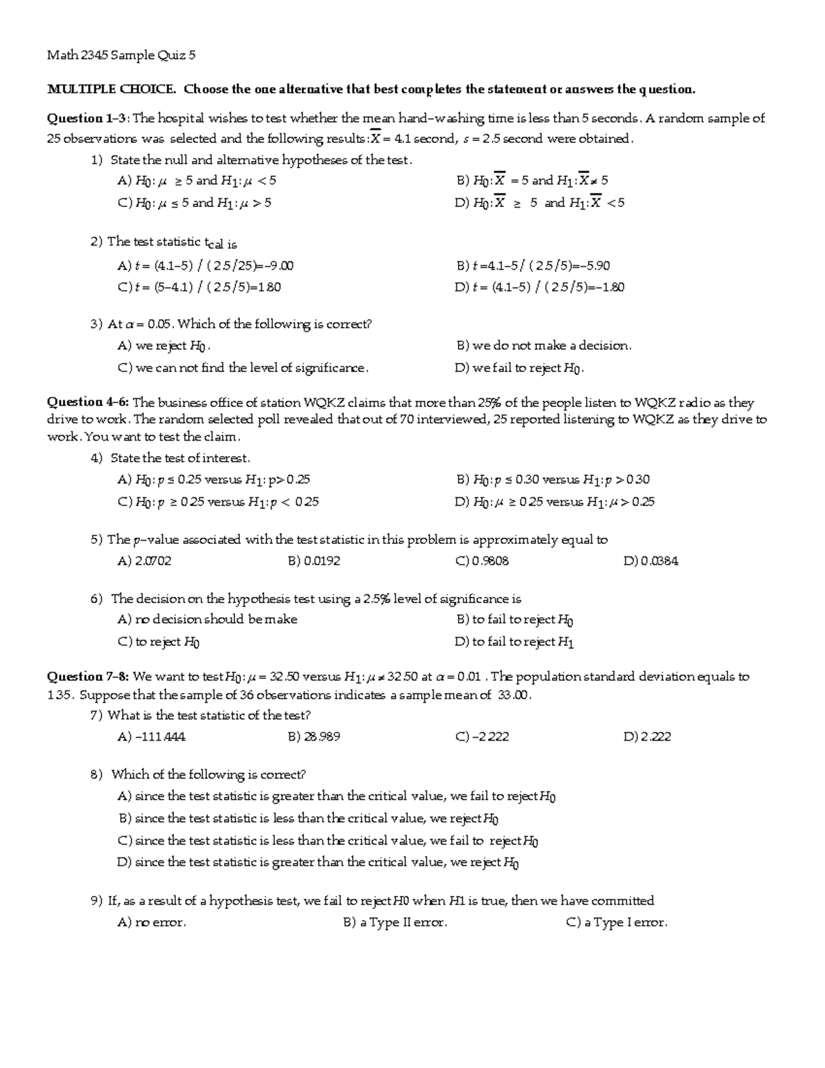Sample quiz5 - Math 2345 Sample Quiz 5 MULTIPLE CHOICE. Choose the one ...