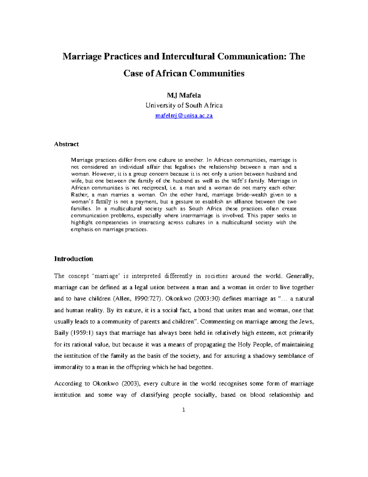 Mafela M article on African customary law - Marriage Practices and ...