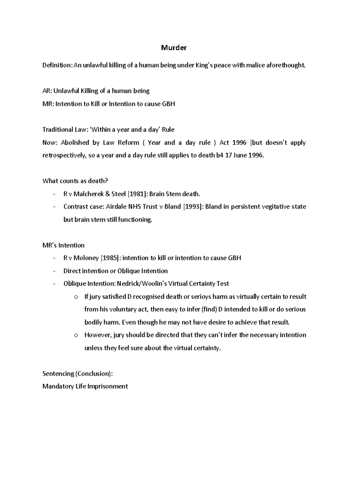 Criminal Law Note - Murder Definition: An unlawful killing of a human ...