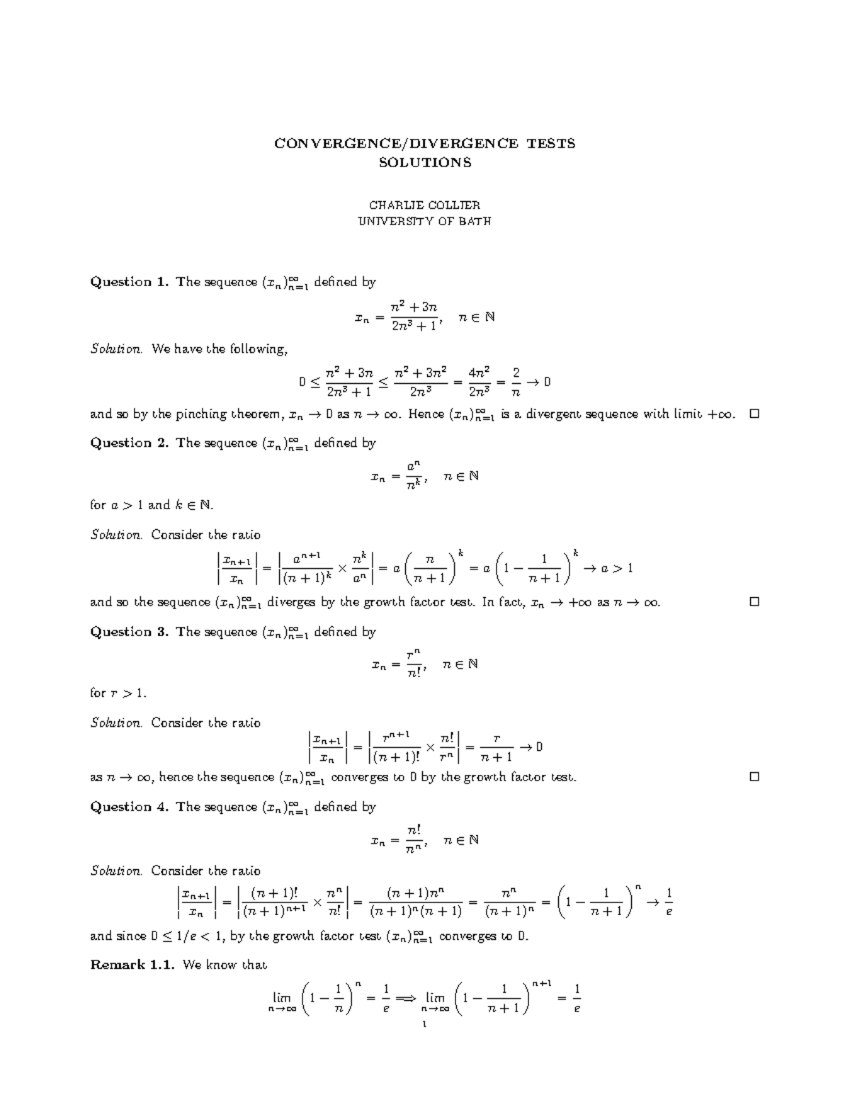 MA10207 2017-2018 Convergence Divergence Tests - Solutions ...