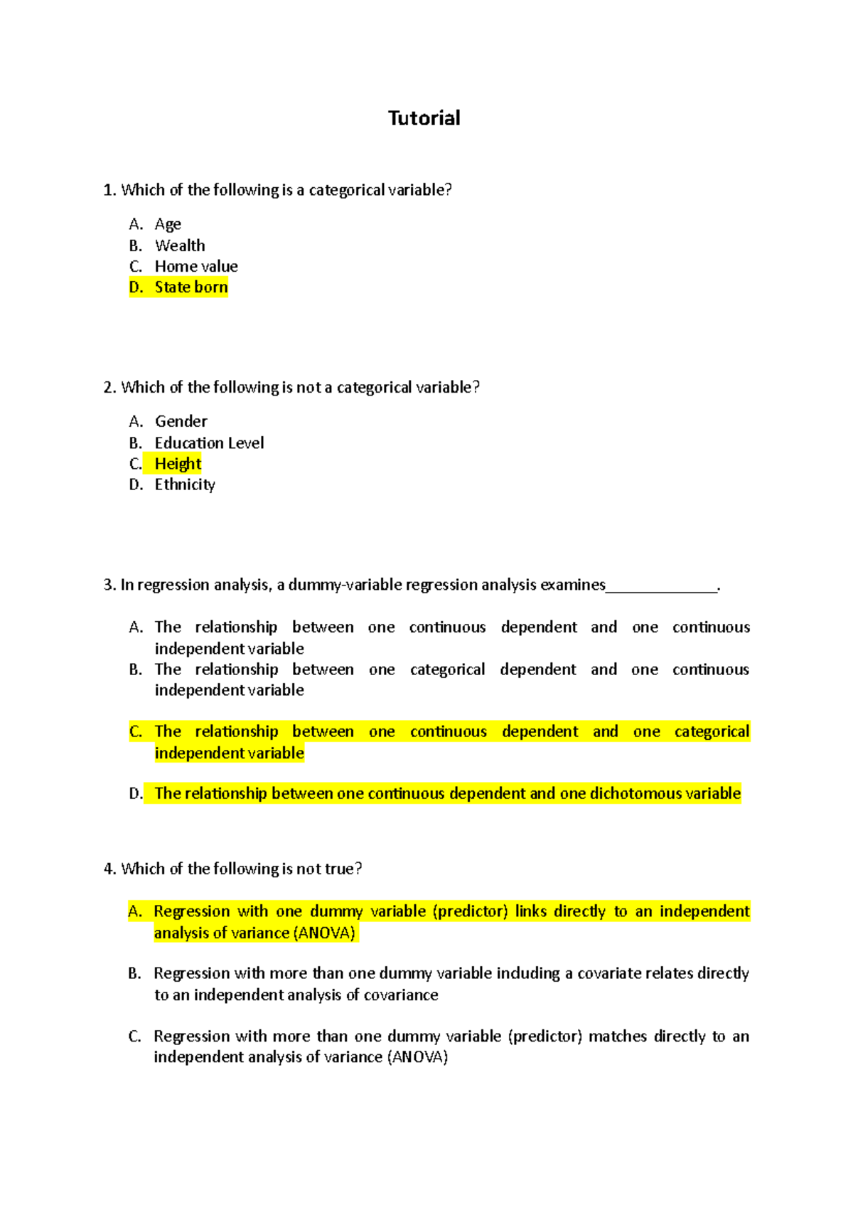 Tutorial FIN 524 - Tutorial Which of the following is a categorical ...