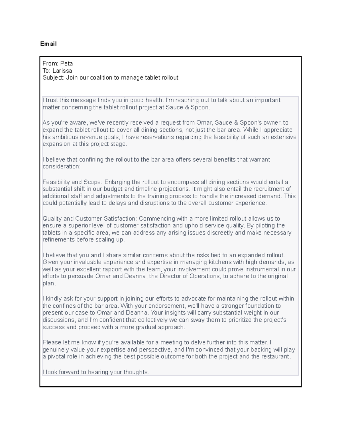 Activity-Template -Email-Coalition - Email From: Peta To: Larissa ...