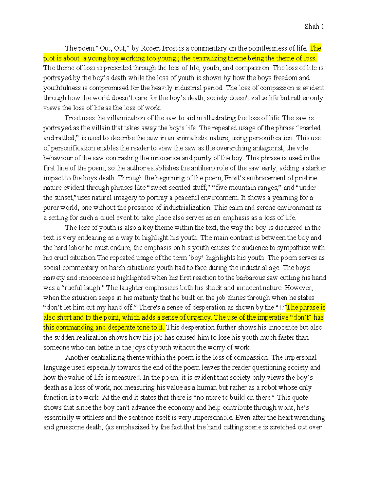 Poetry and prose coursework - Shah 1 The poem “Out, Out,” by Robert ...