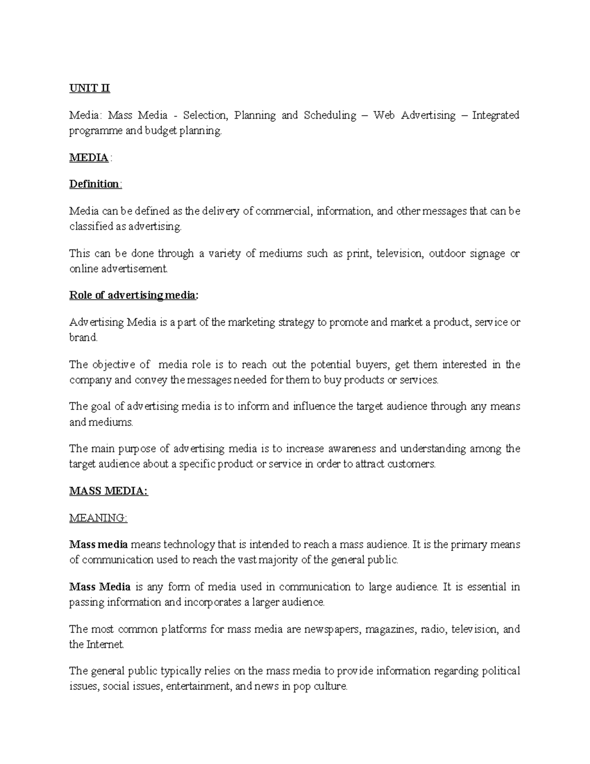 ADSP Unit- II - University of Madras notes - UNIT II Media: Mass Media ...