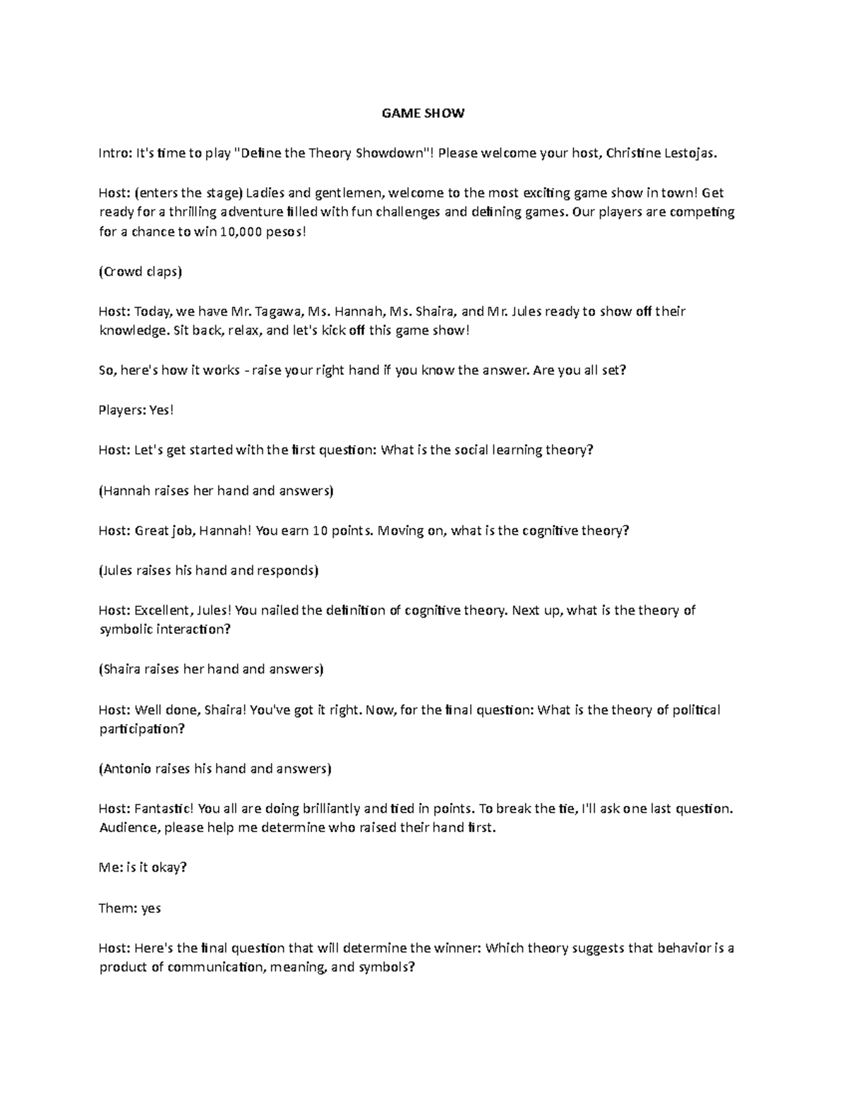 Script-SA- Gameshow - Script - GAME SHOW Intro: It's time to play ...