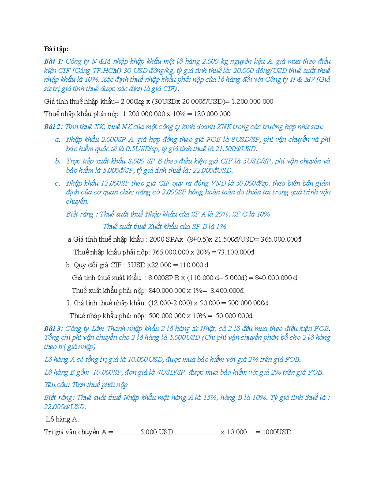 Bai sua C2 C3 - Bài tập: Bài 1: Công ty N &M nhập khập khẩu một lô hàng ...