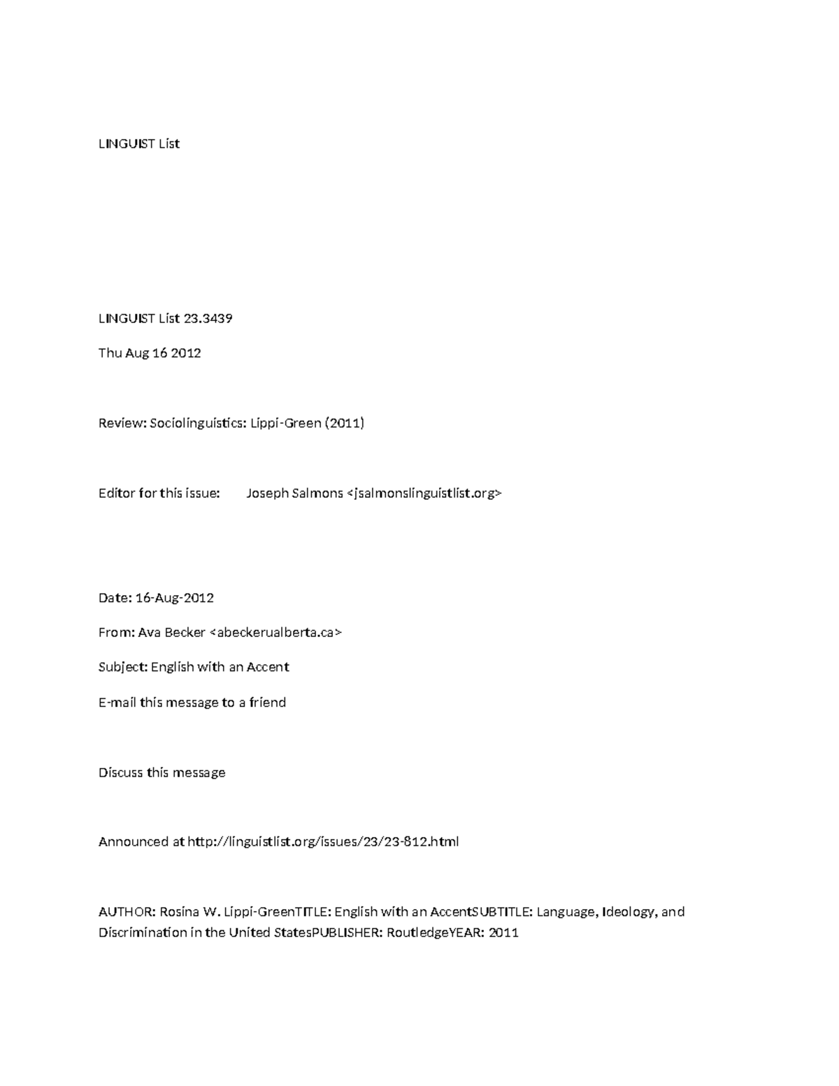 Linguist List Lippi- Green - LINGUIST List LINGUIST List 23. Thu Aug 16 ...