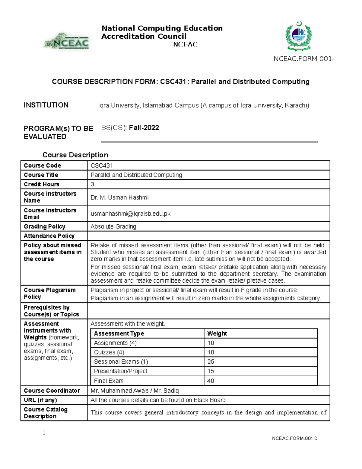 OBE PDC BSCS Outlines - notes - COURSE DESCRIPTION FORM: CSC431 ...