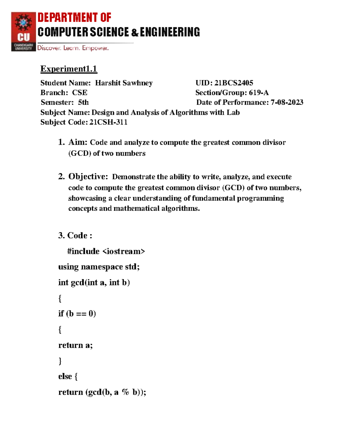 DAA 1 - Nothing - DEPARTMENT OF COMPUTER SCIENCE & ENGINEERING Experiment1. Student Name: - Studocu