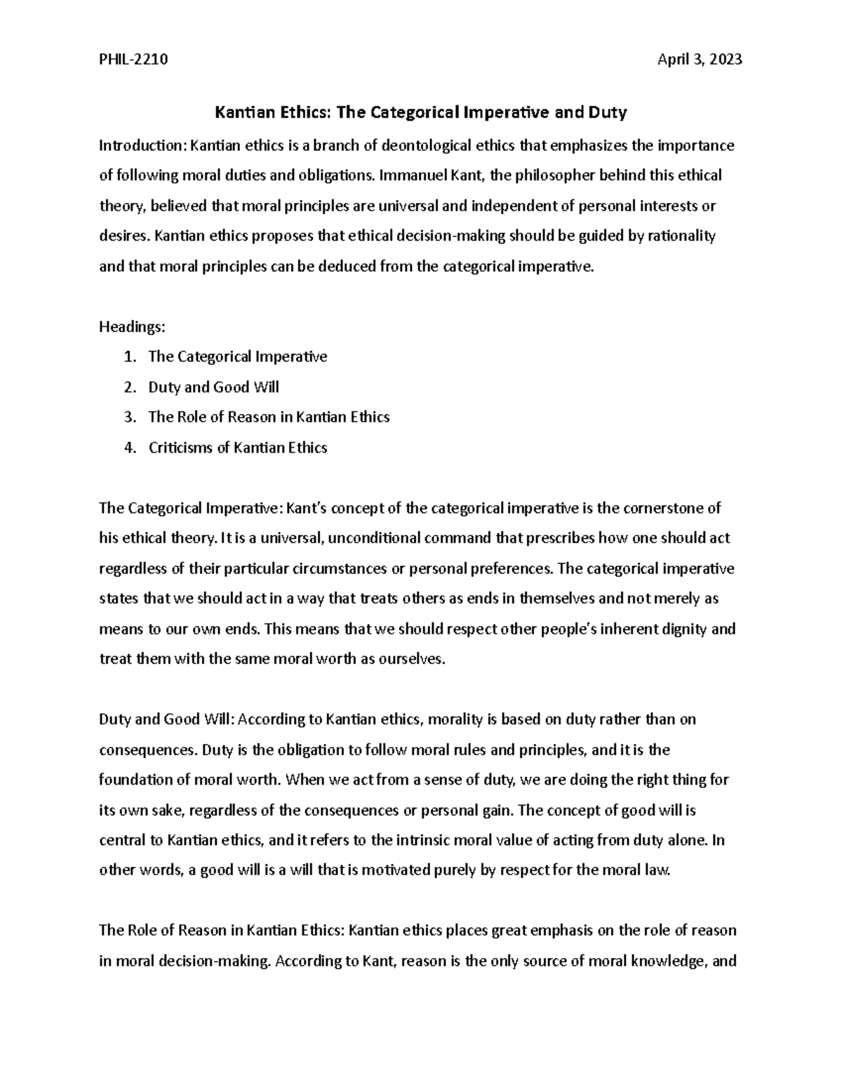 PHIL-2210: Kantian ethics - PHIL-2210 April 3, 2023 Kantian Ethics: The ...