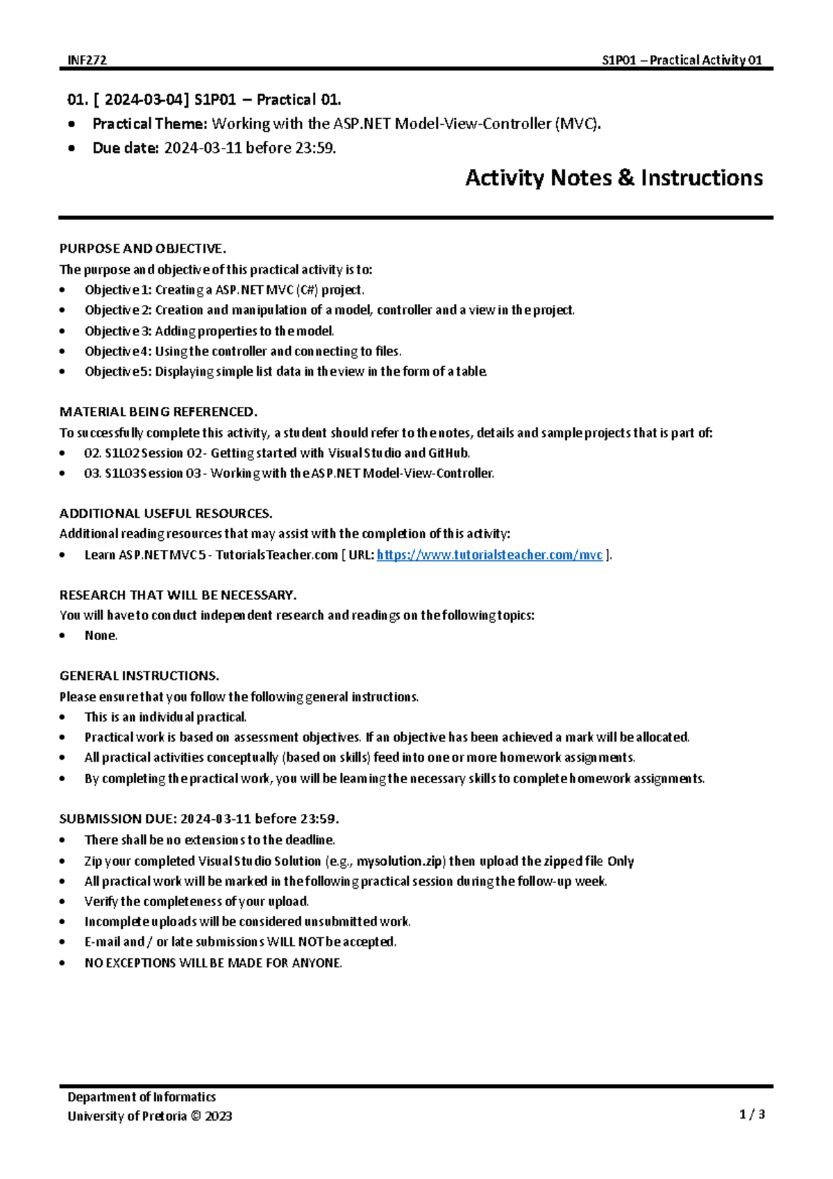 INF272 Practical 01 - INF272 S1P01 – Practical Activity 01 Department of Informatics University ...