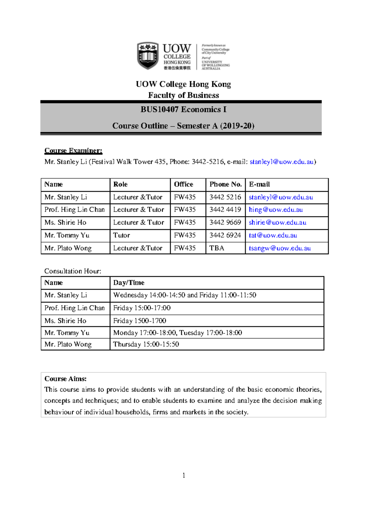 Eco I Course Outline - UOW College Hong Kong Faculty of Business Course ...