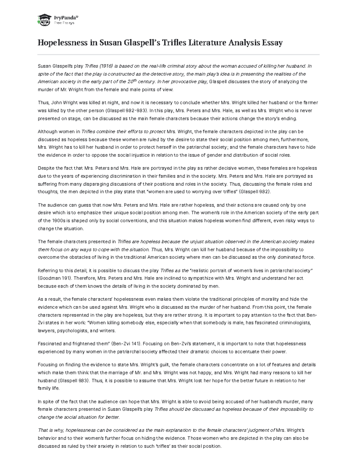 Hopelessness in Susan Glaspell's Trifles Literature Analysis - 826 ...