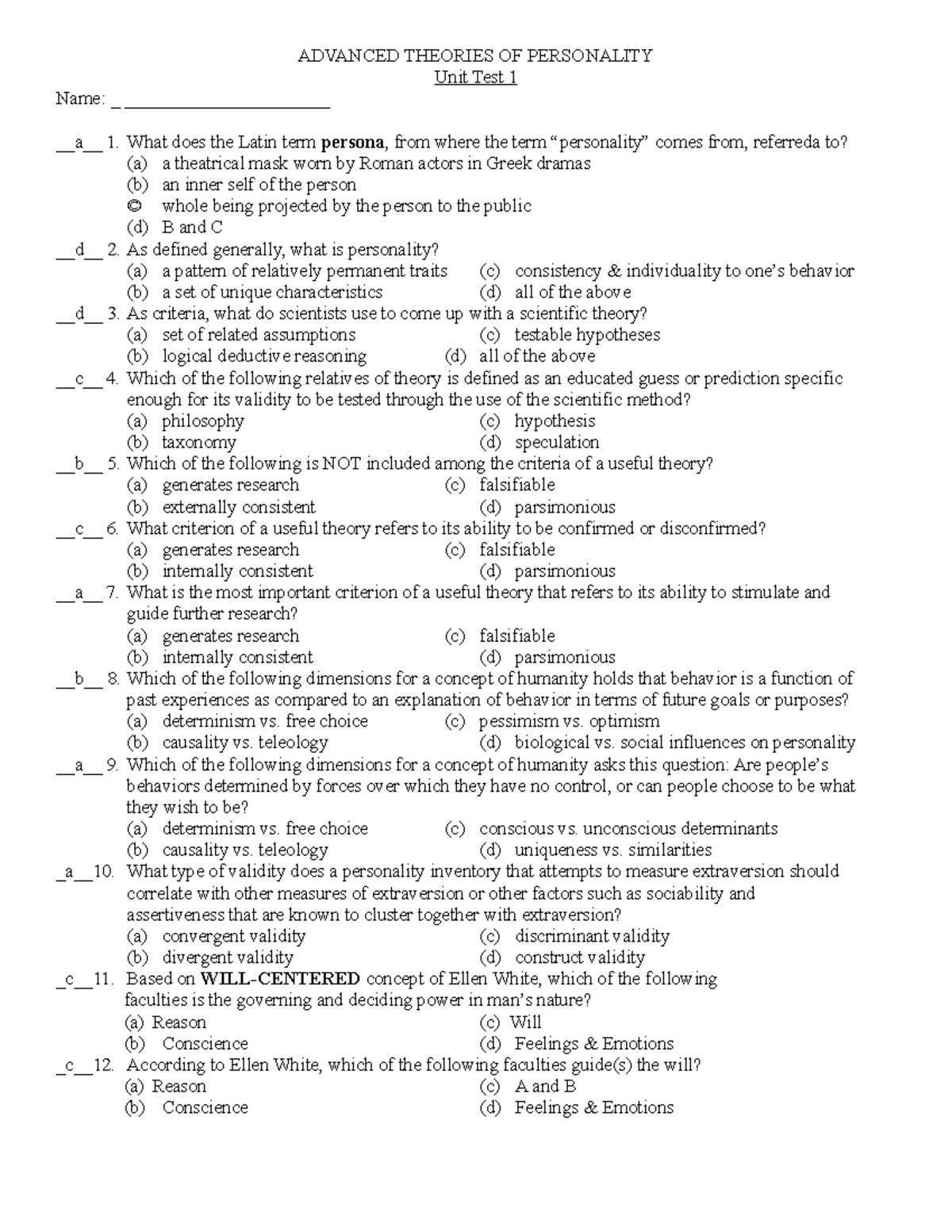 Unit Test 1 Unit Test And Answer Key Theories Of Personality